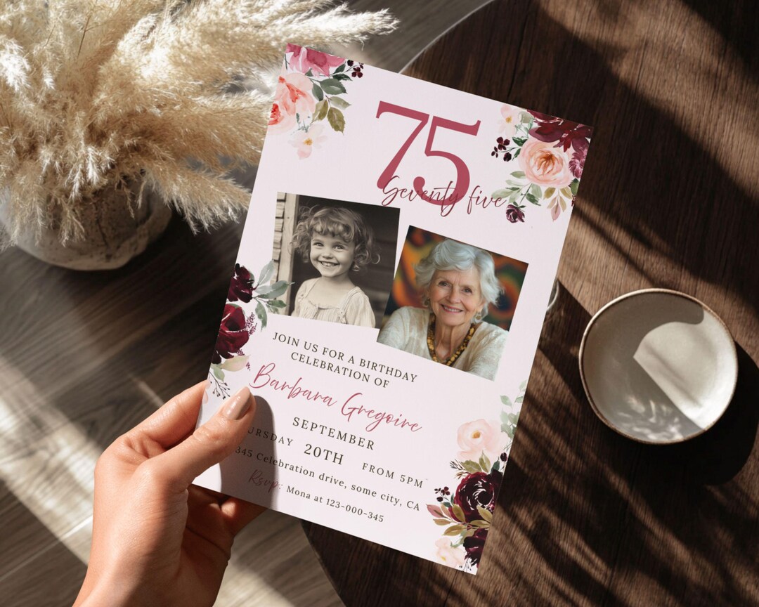 Floral 75th Birthday Invitation With Photo, Printable Canva Template ...