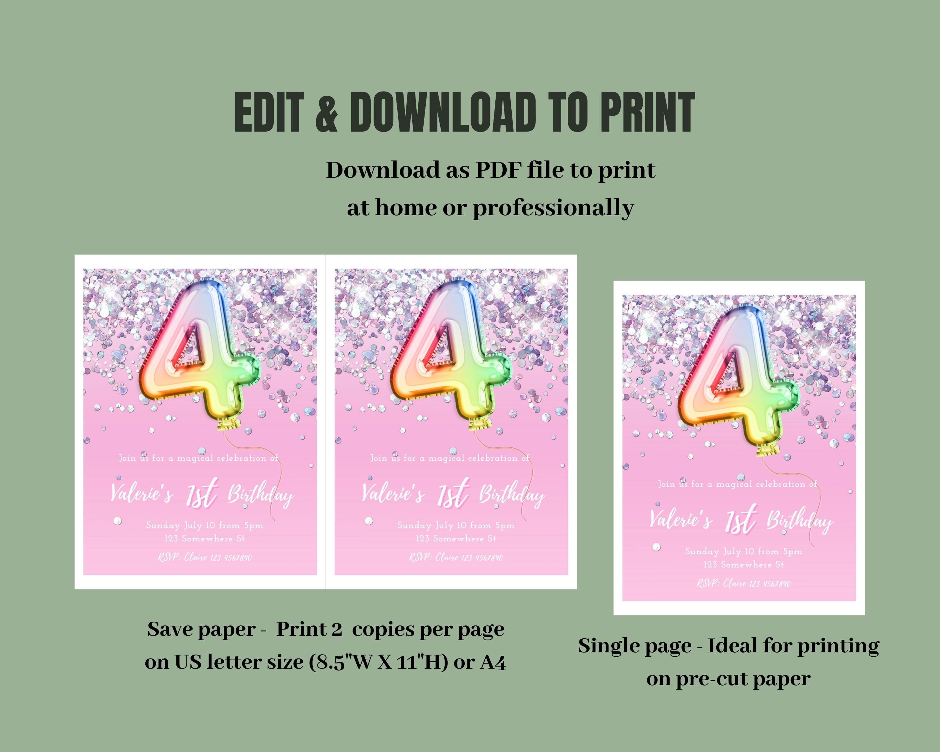 Editable Pink 4th Birthday Invitation Template Printable - Etsy