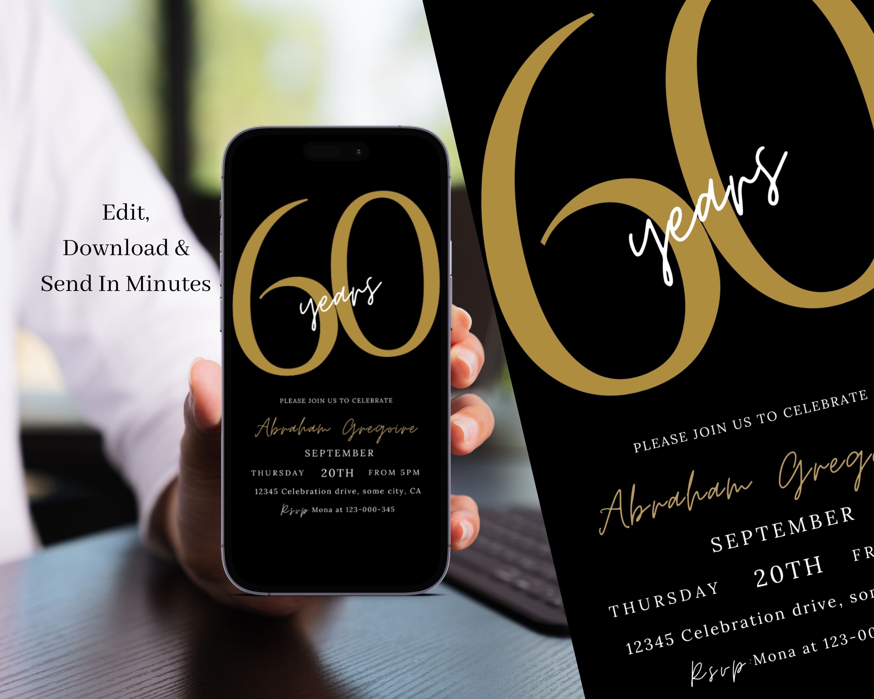 Electronic 60th Birthday Invitation for Men, Digital Black and Gold ...