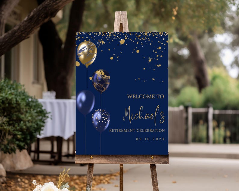 Retirement Welcome Sign Template, Digital Download,navy Blue & Gold ...
