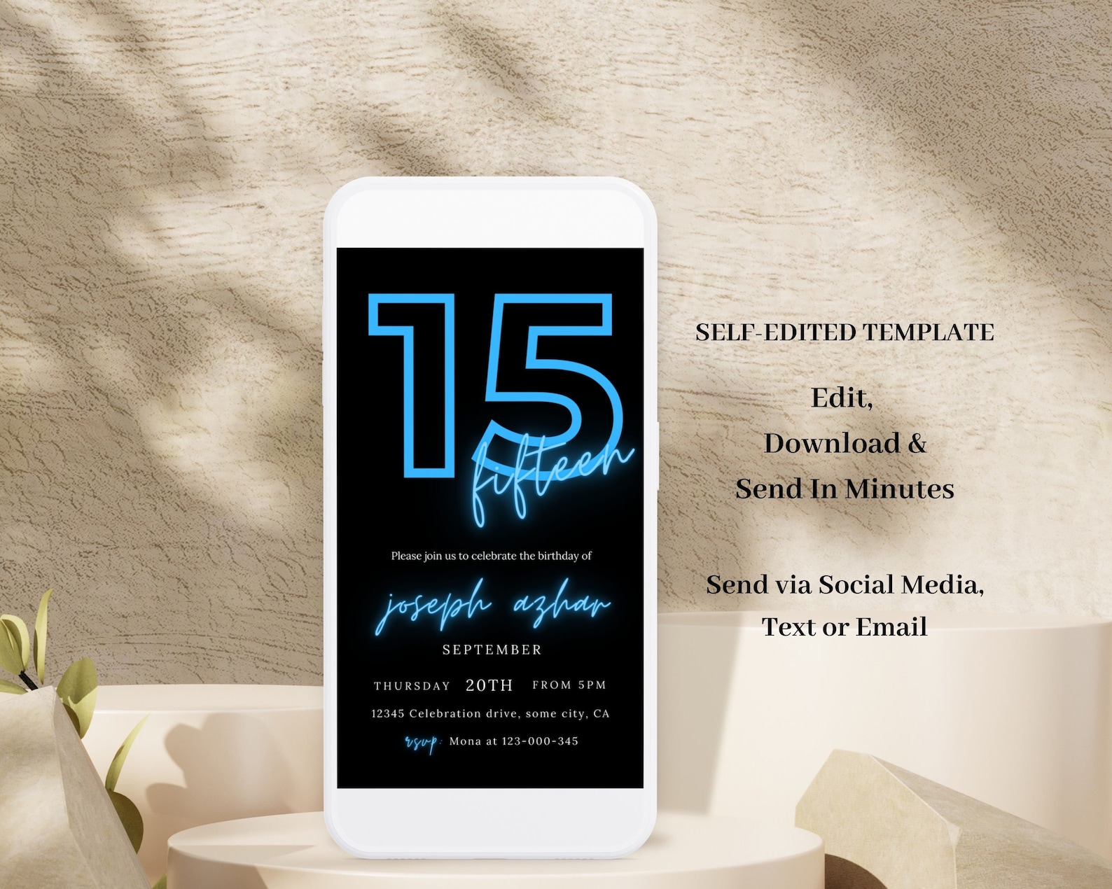 15th Birthday Party Invitation Boys, Digital Download, Blue Neon ...