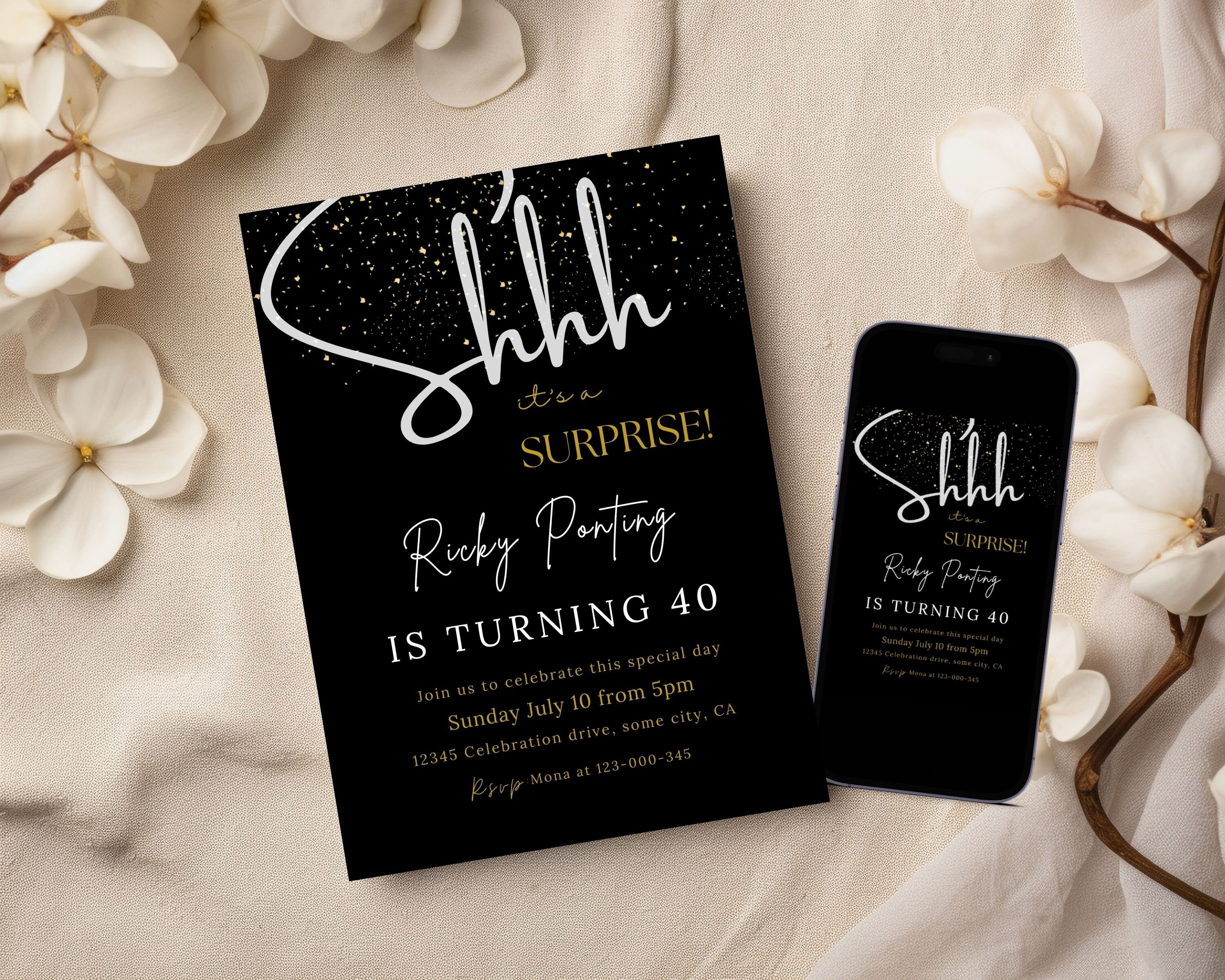 Surprise Birthday Party Invitation Template, Black and Gold, Shh It's a ...