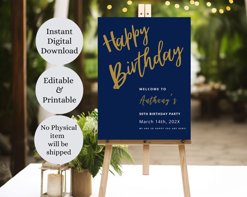 Happy Birthday Welcome Sign Template, Navy Blue 40th 50th 60th 80th or ...