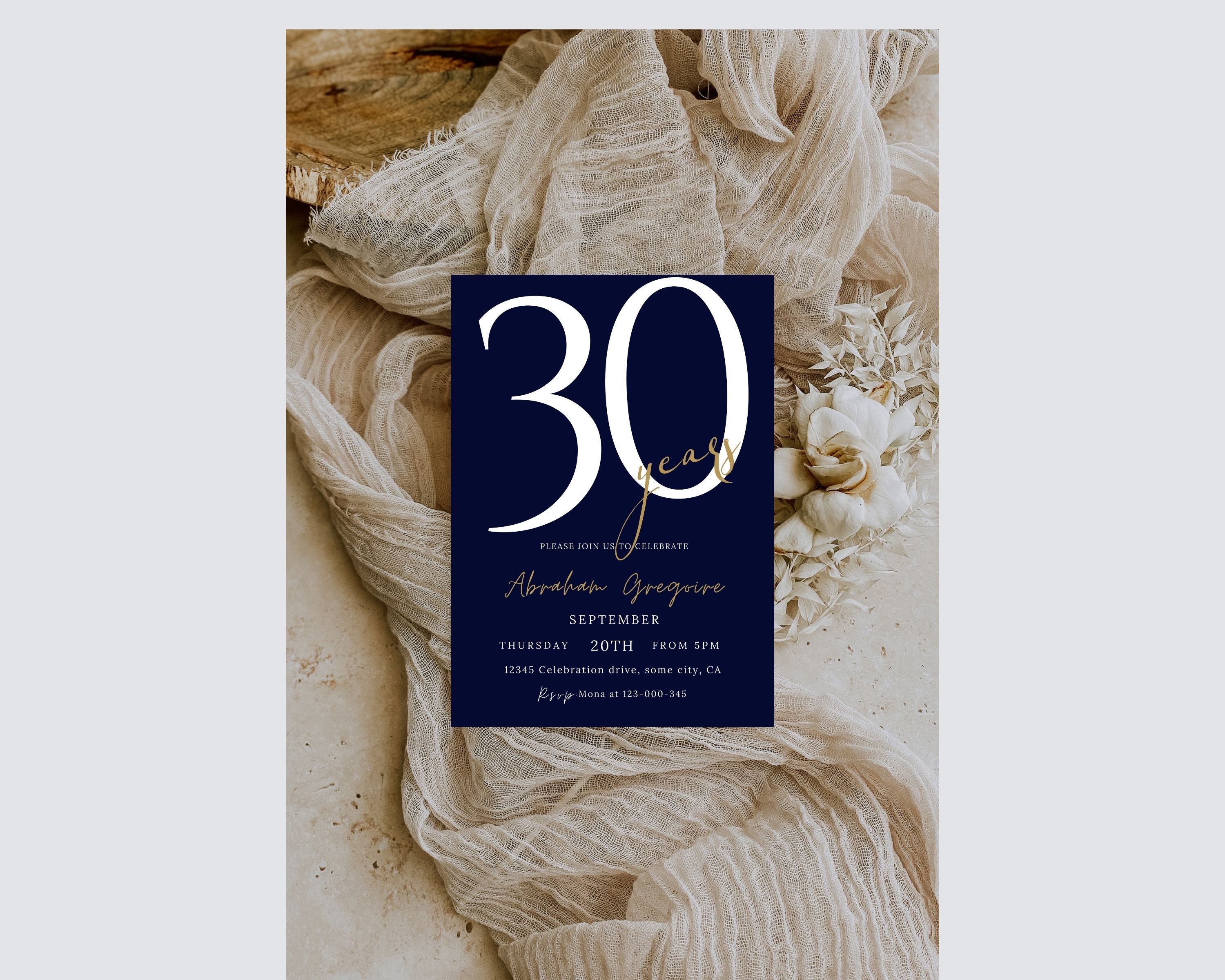 30th Birthday Invitation for Him, Digital Navy Blue 30th Birthday ...