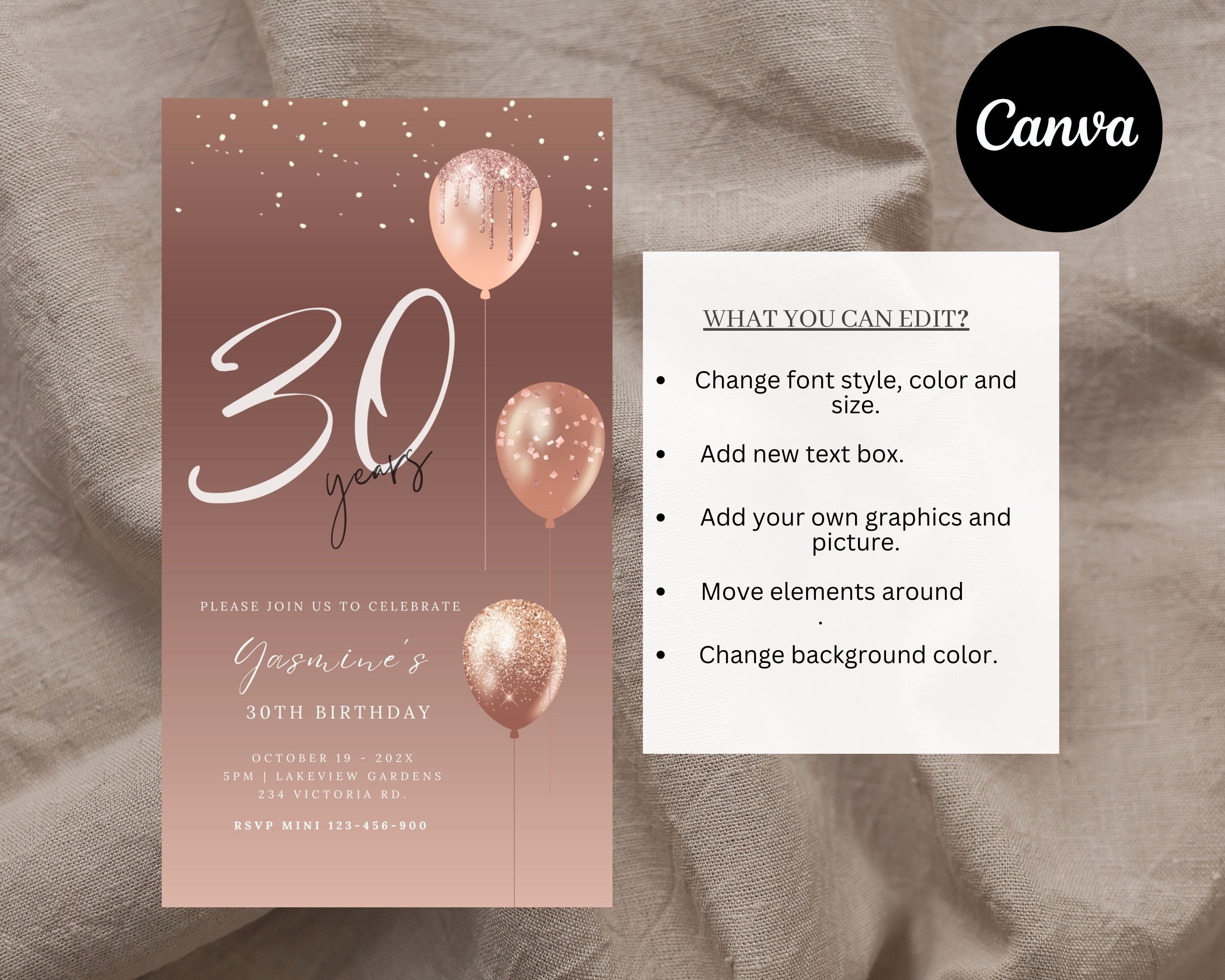 30th Birthday Invitation Digital, Rose Gold Balloon 30th Birthday ...