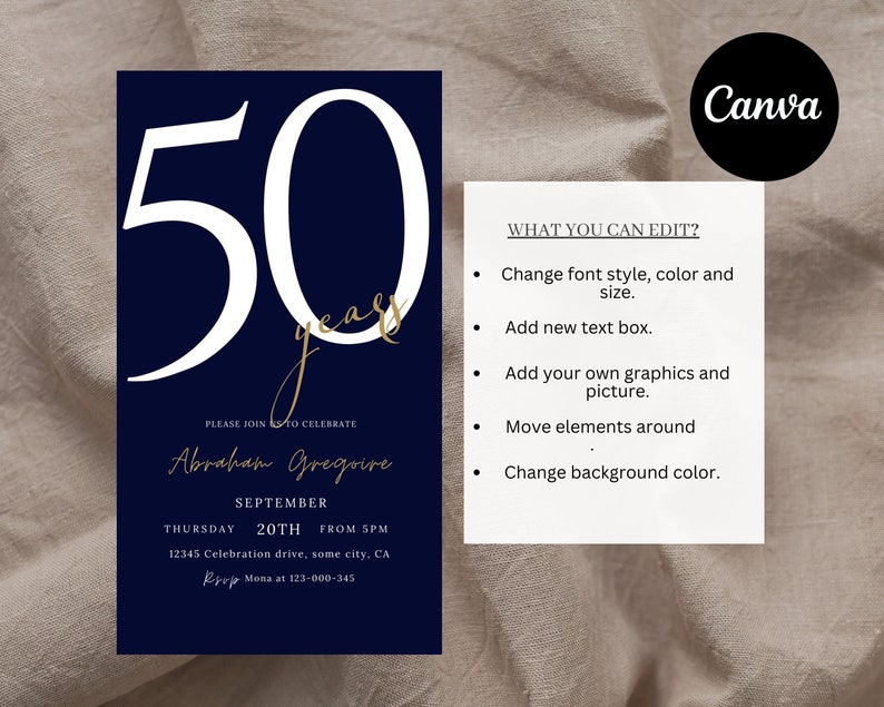 Electronic 50th Birthday Invitation for Men,navy Blue Digital Birthday ...