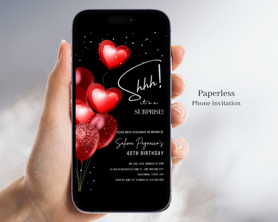 Electronic Black Red Surprise Birthday Invitation for Women, Digital ...