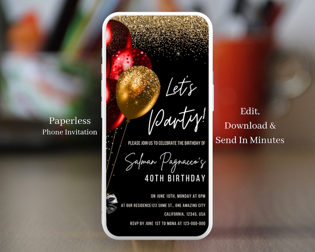 Electronic Birthday Invitation Template for Adult Women, Red Gold ...