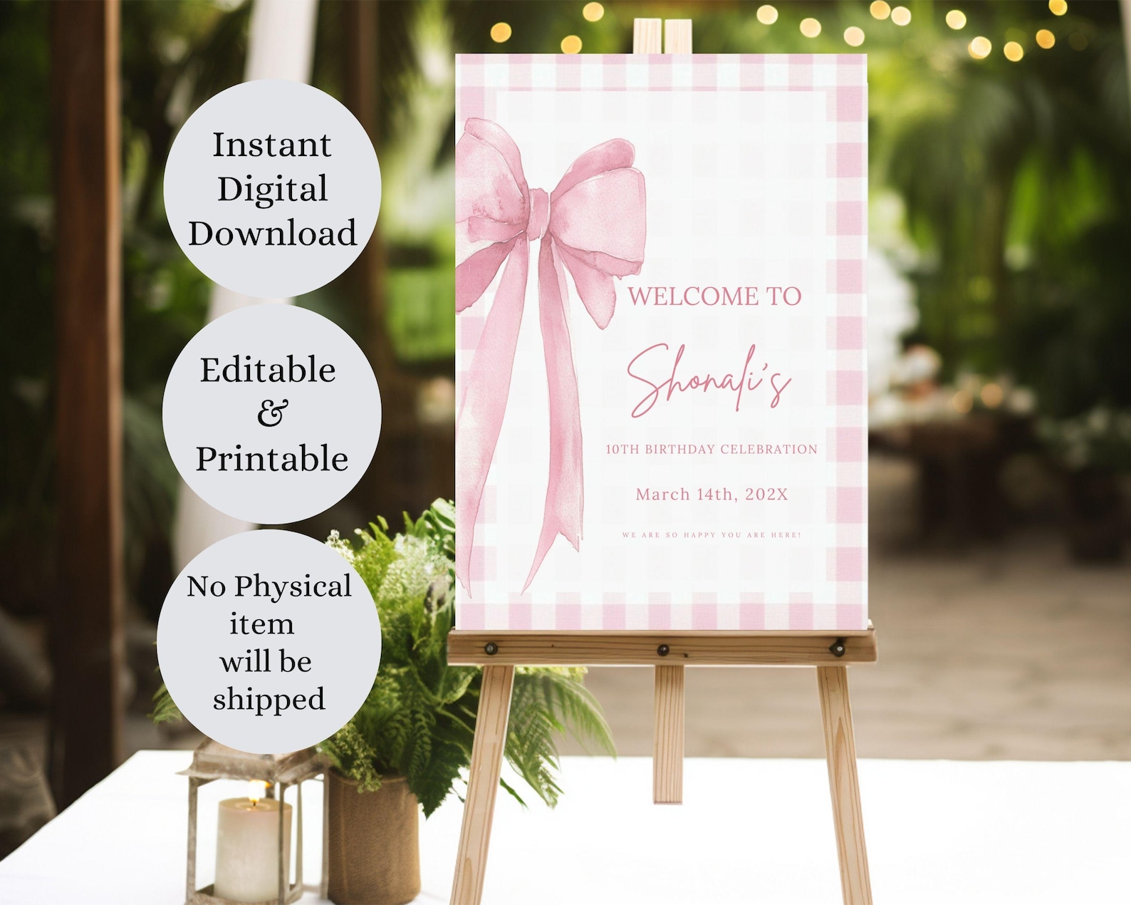 Pink Gingham Bow Birthday Welcome Sign: Editable Party Decor (digital ...