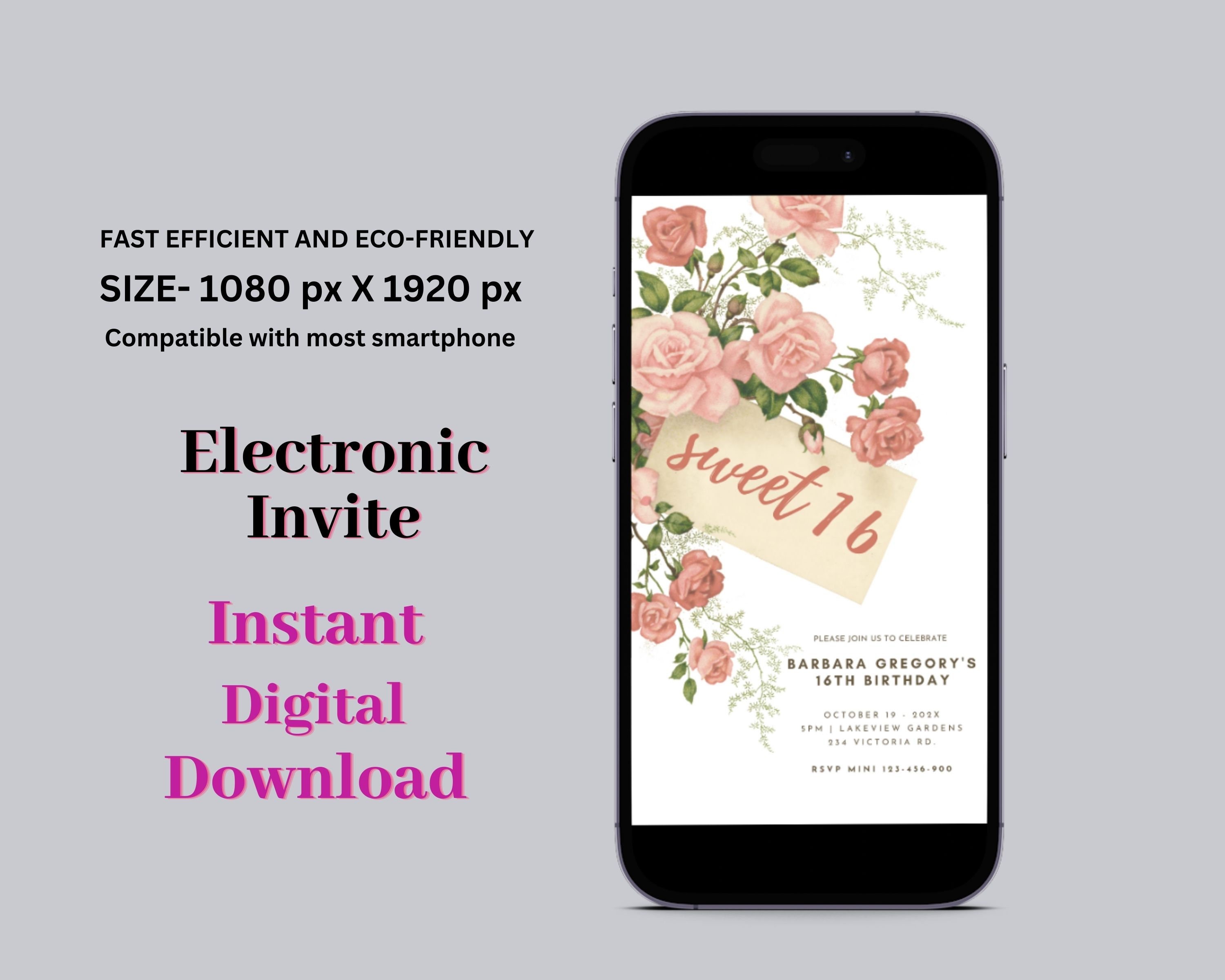 Sweet 16 Birthday Invitation Digital, Pink Flowers, 16th Birthday Party ...
