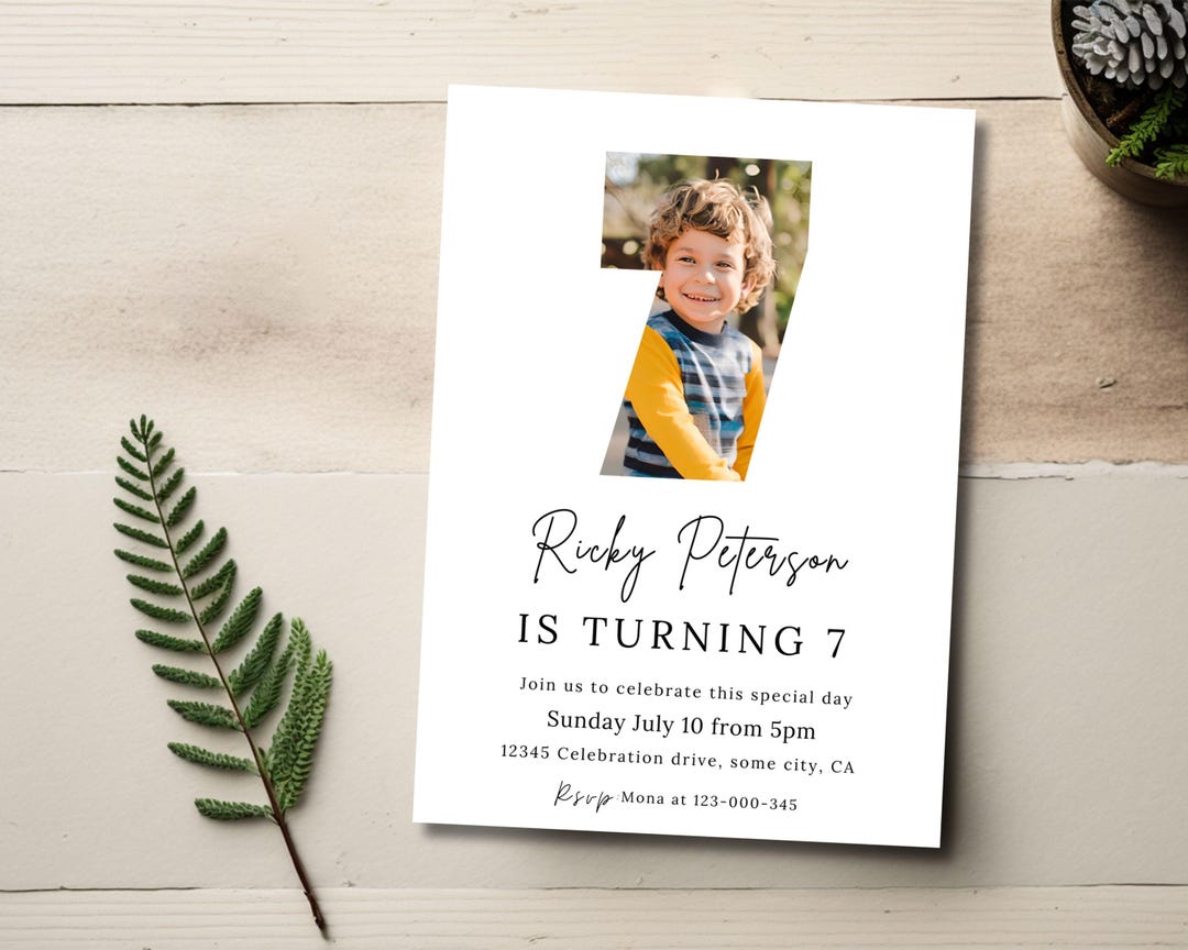 7th Birthday Invitation, Digital Download, Photo 7 Year Old Invite ...