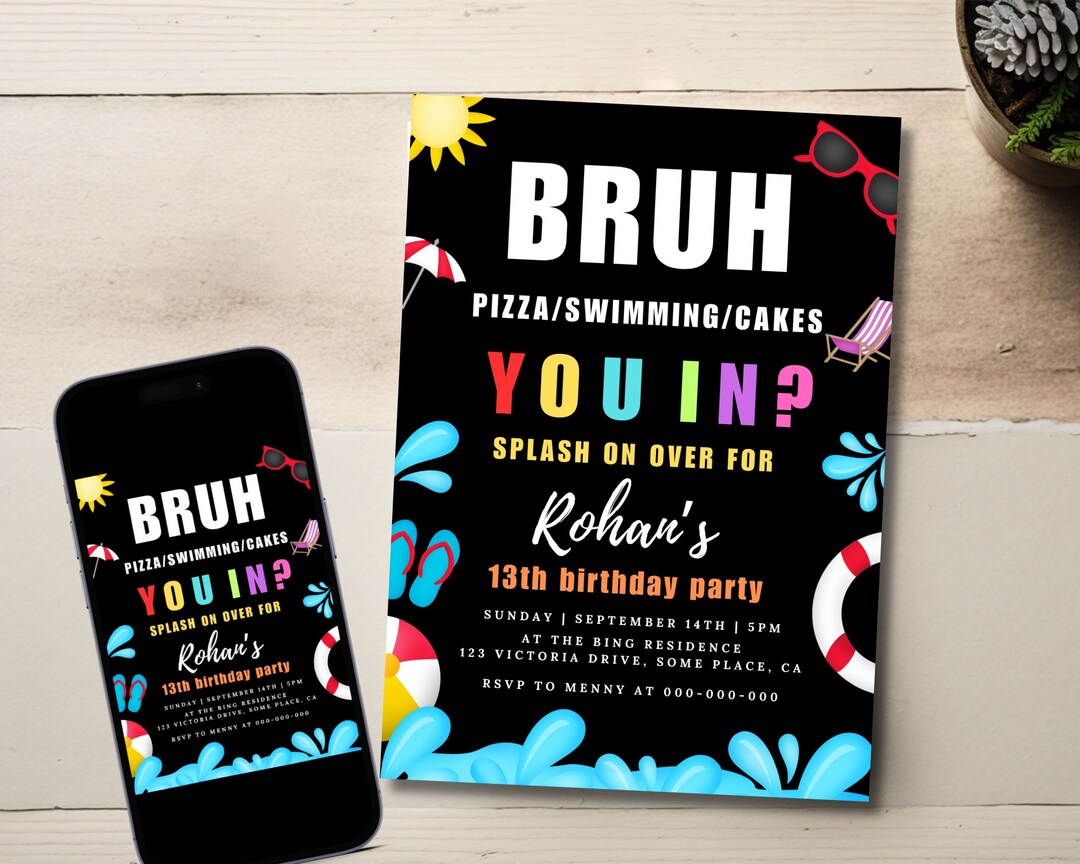 Bruh Pool Birthday Invitation, Teen Party, Editable Canva Template - 40 ...