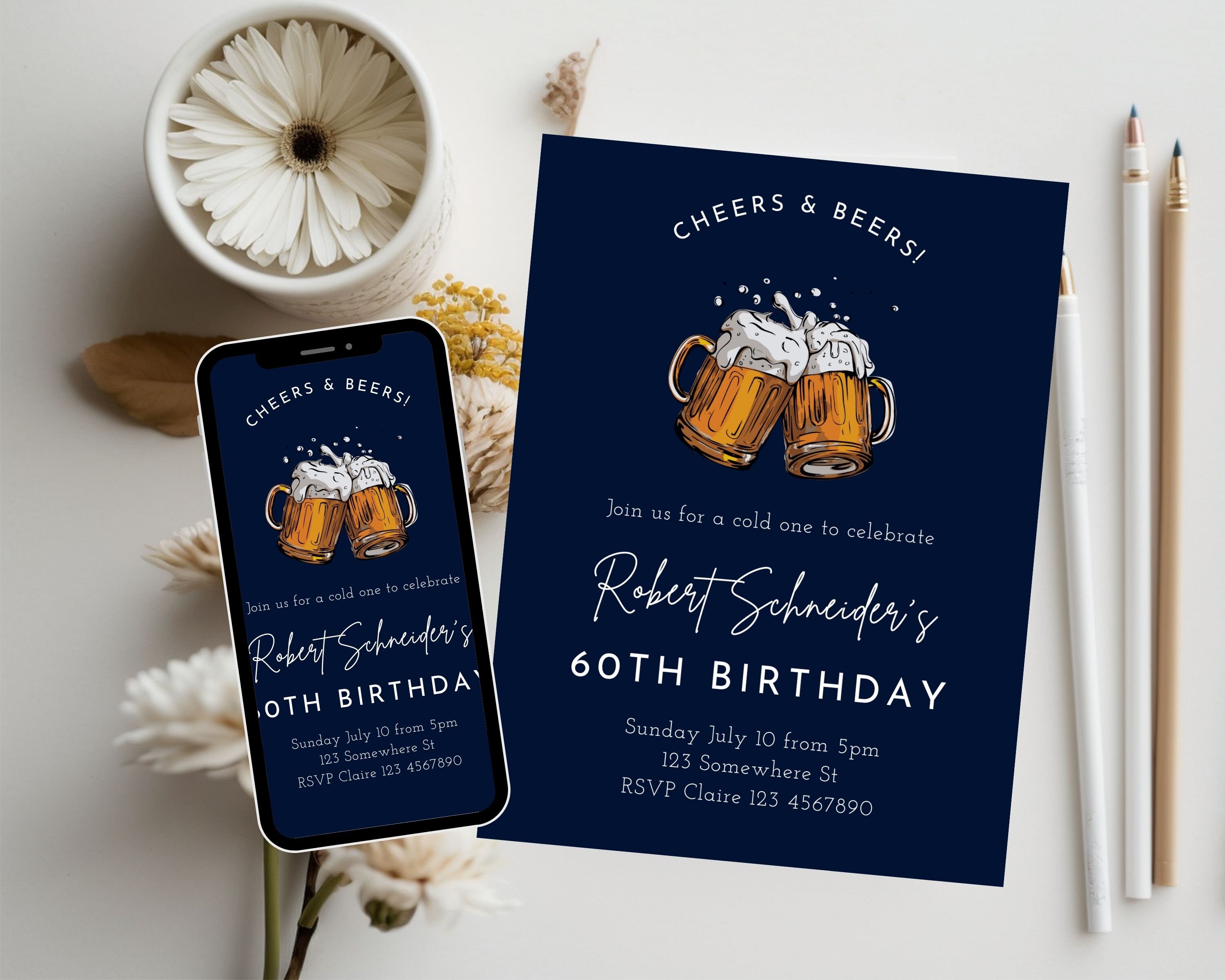 Editable Navy Blue Adult Birthday Invitation for Men, Cheers and Beers ...