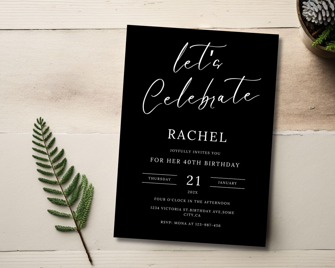 Black Birthday Party Invitation Template, Editable Card (digital ...