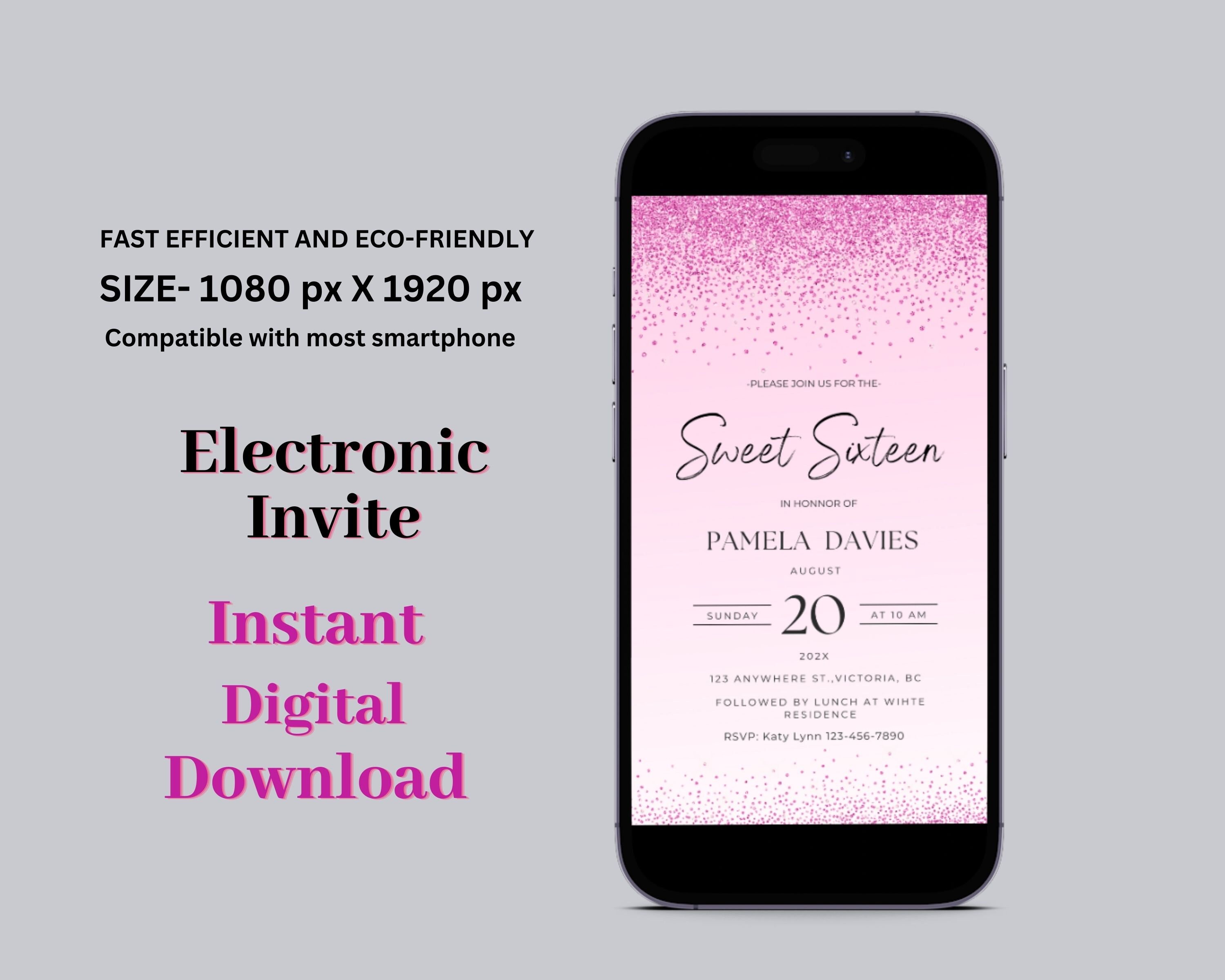 16th Birthday Invitation Pink, Digital Sweet Sixteen Electronic Party ...