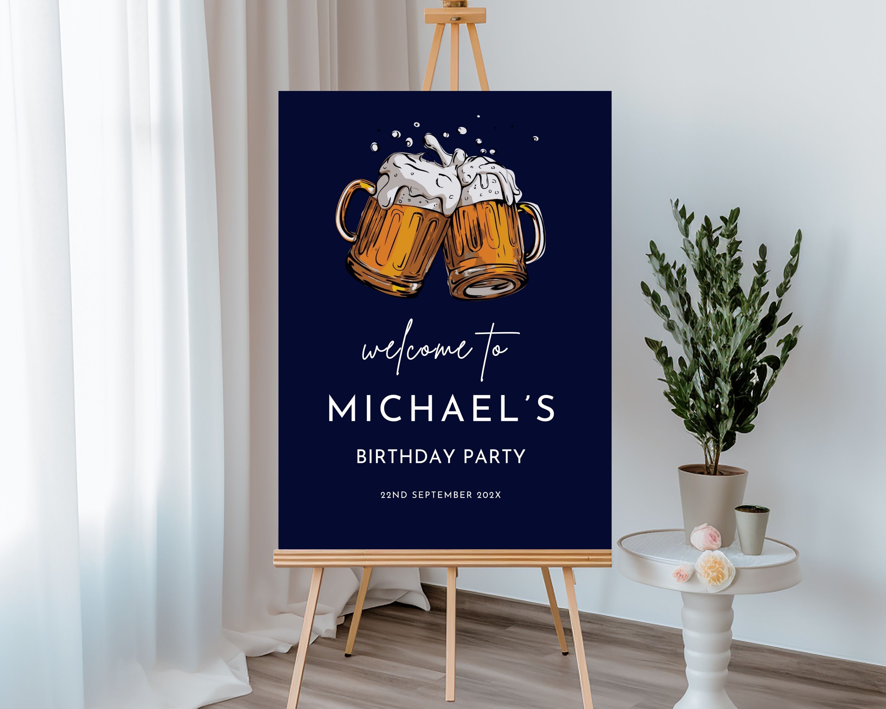 Birthday Welcome Sign Template, Navy Blue, Editable Cheers & Beers ...