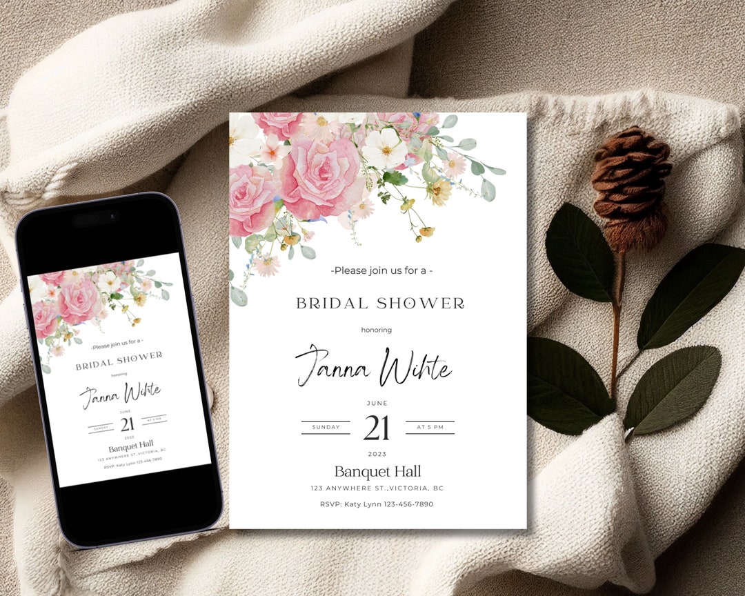 Bridal Shower Invitation Template Digital, Pink and White Floral ...