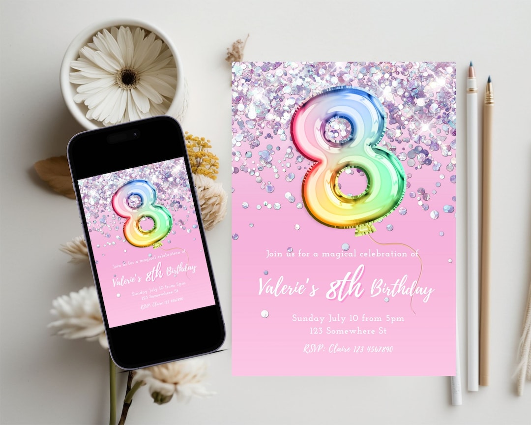 Editable Pink 8th Birthday Invitation Template Printable - Etsy
