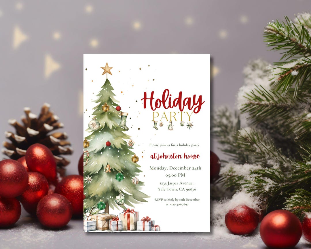 Holiday Party Invitation Template, Digital Christmas Tree Invite ...