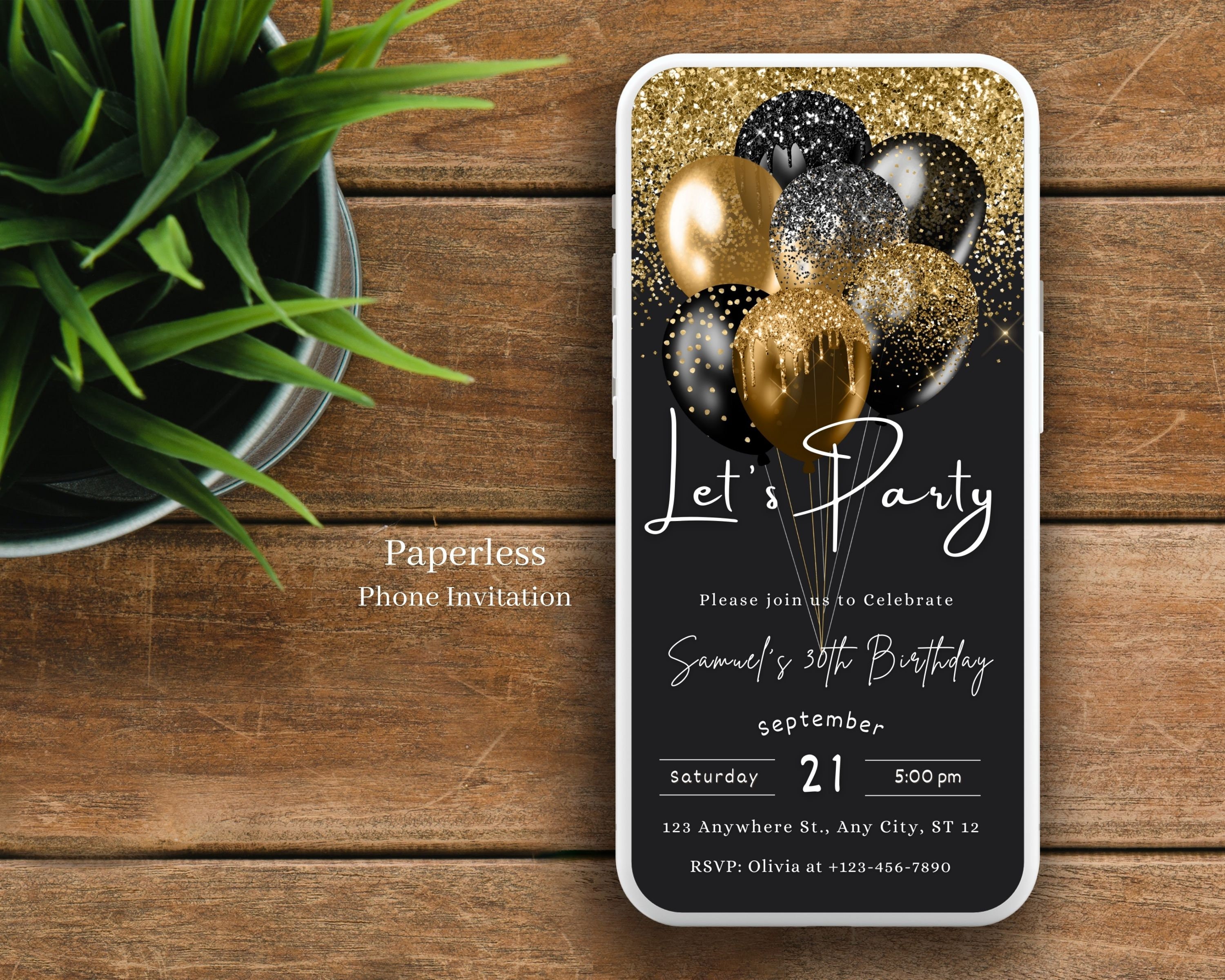 Digital Birthday Party Invitation for Men, Black & Gold, Adult Birthday ...