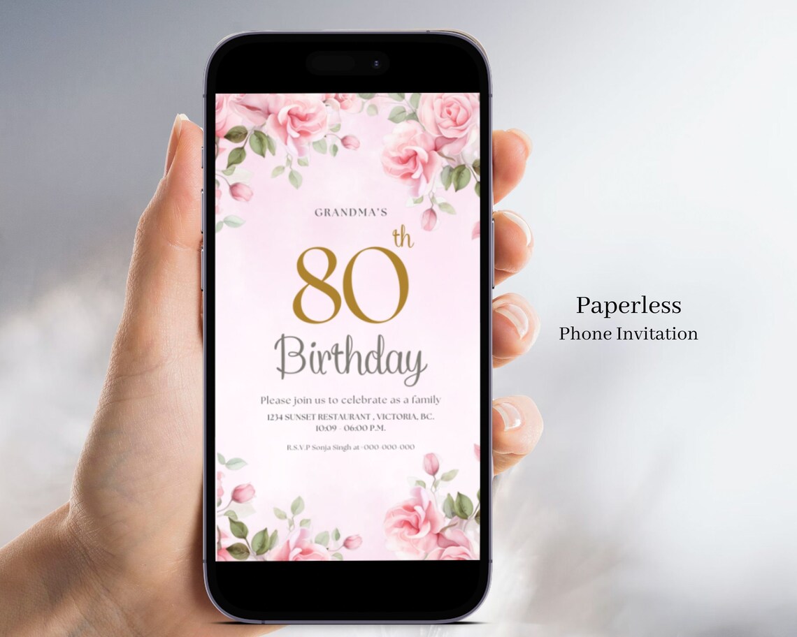 Digital 80th Birthday Party Invitation, Pink Watercolor Flowers ...