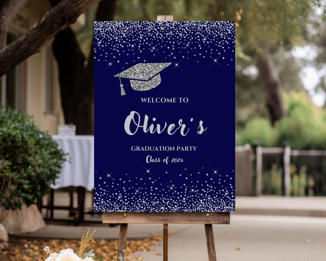 Graduation Sign, Blue & Silver Graduation Party Banner Editable and ...