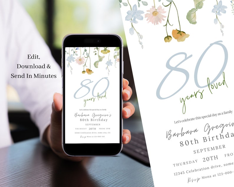 Electronic 80th Birthday Invitation for Women Digital, Floral & Greens ...