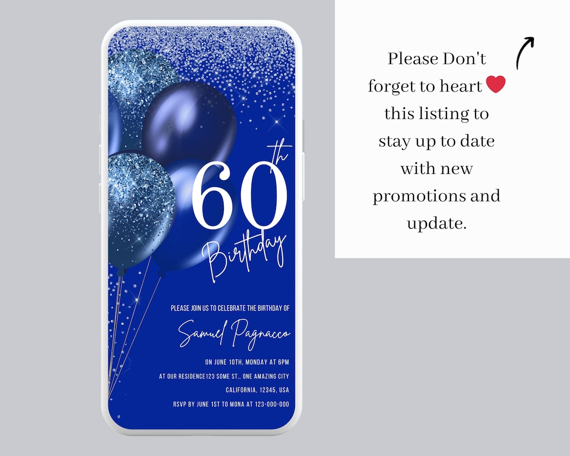60th Birthday Invitations for Men Digital, Party Invitation for Adults ...