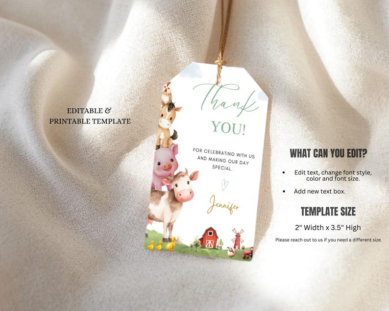 Farm Baby Shower Thank You Tags, Editable Canva Template, Printable ...
