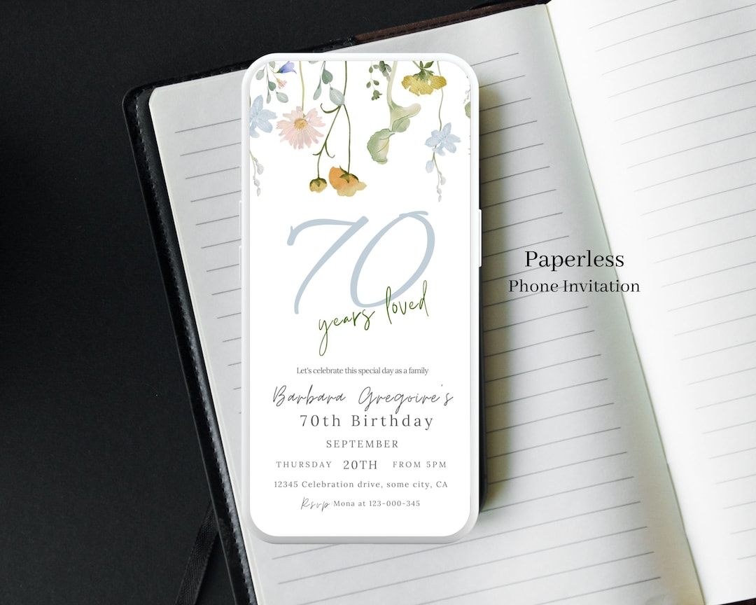 Electronic 70th Birthday Invitation for Women Digital, Floral & Greens ...