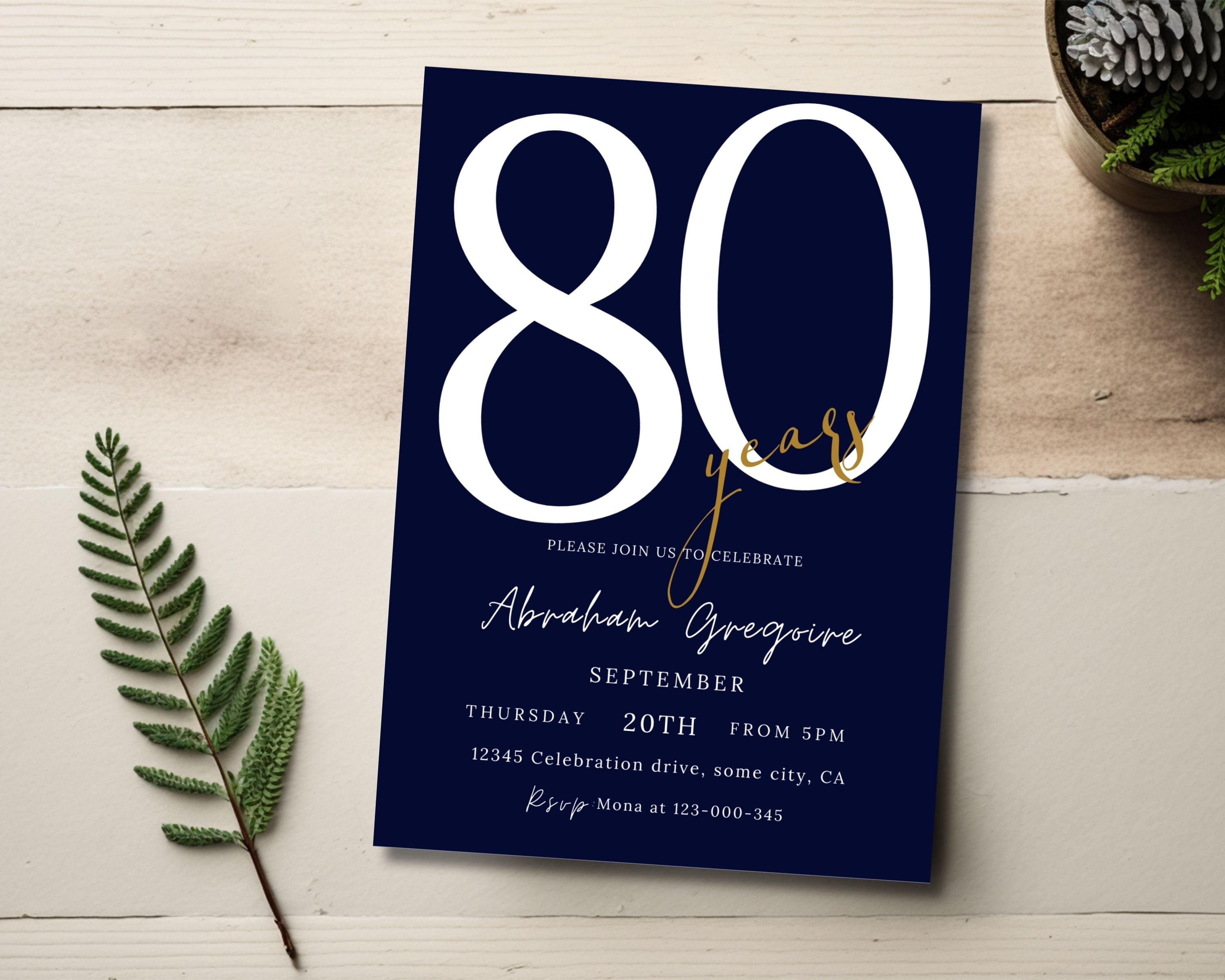 80th Birthday Invitation, Navy Blue Birthday Invitation Template for ...