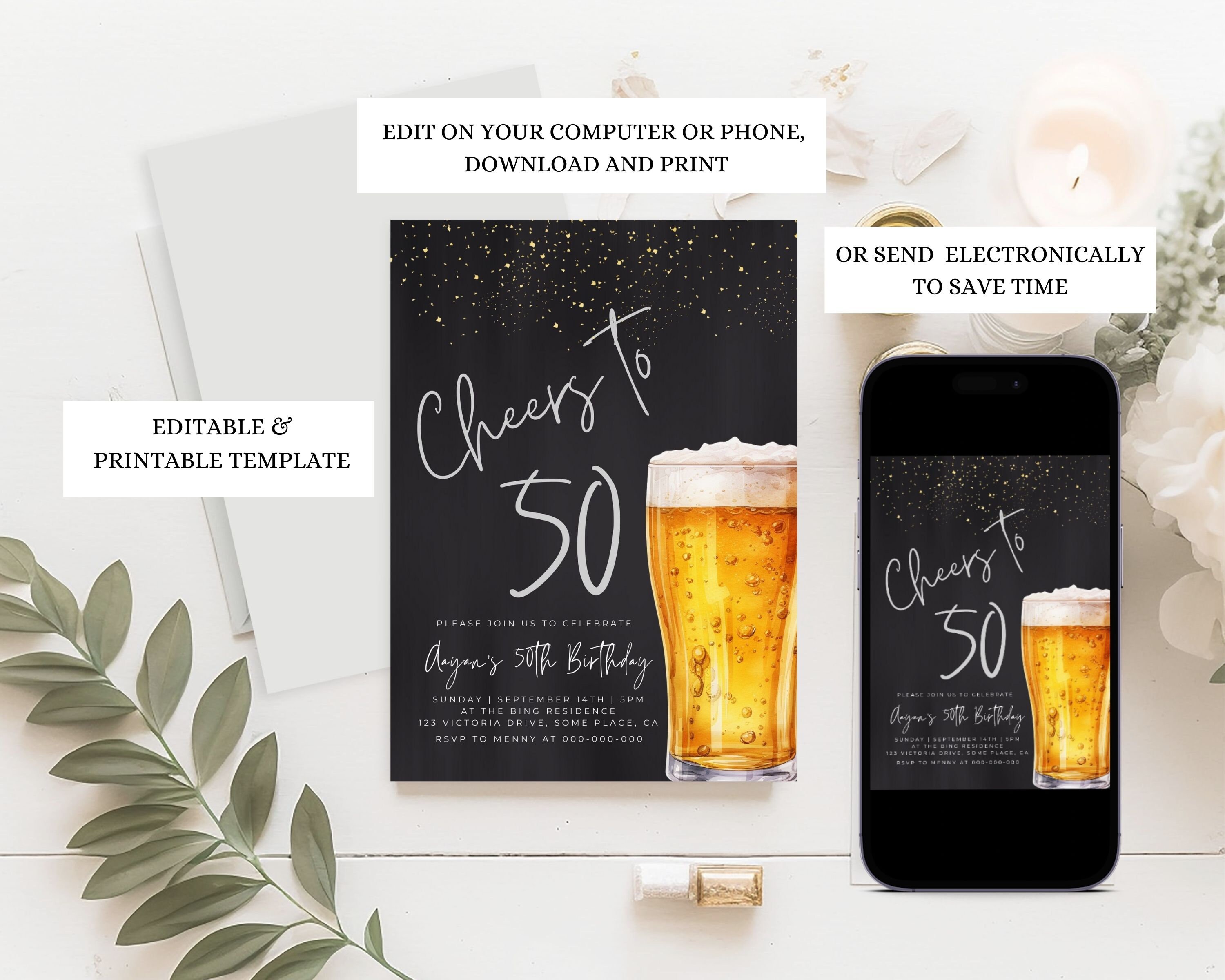 Editable Birthday Invitation for Him, Cheers & Beers, 30th 40th 50th ...