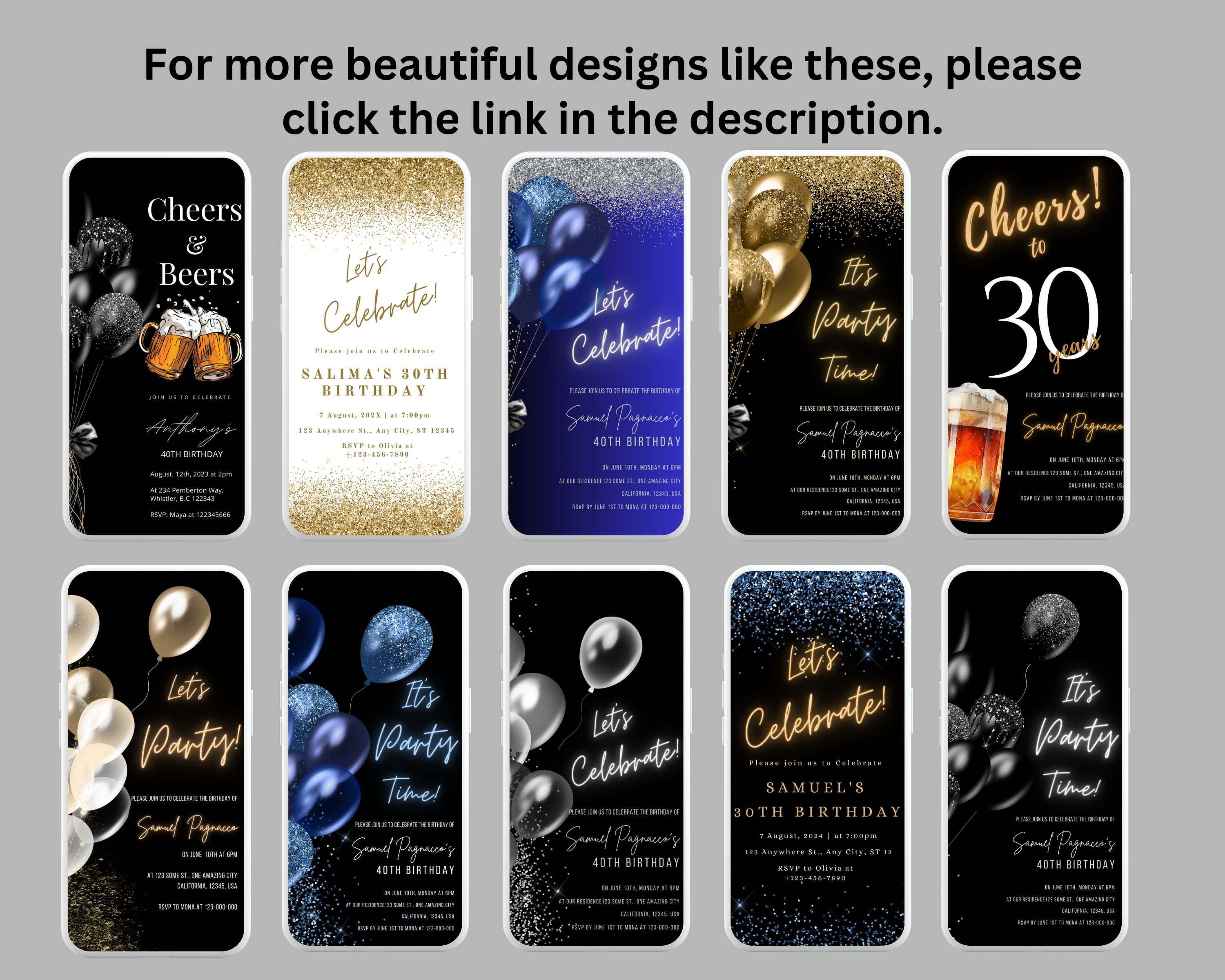 Editable Birthday Invitation for Men, All Black Balloons Invite, 40th ...