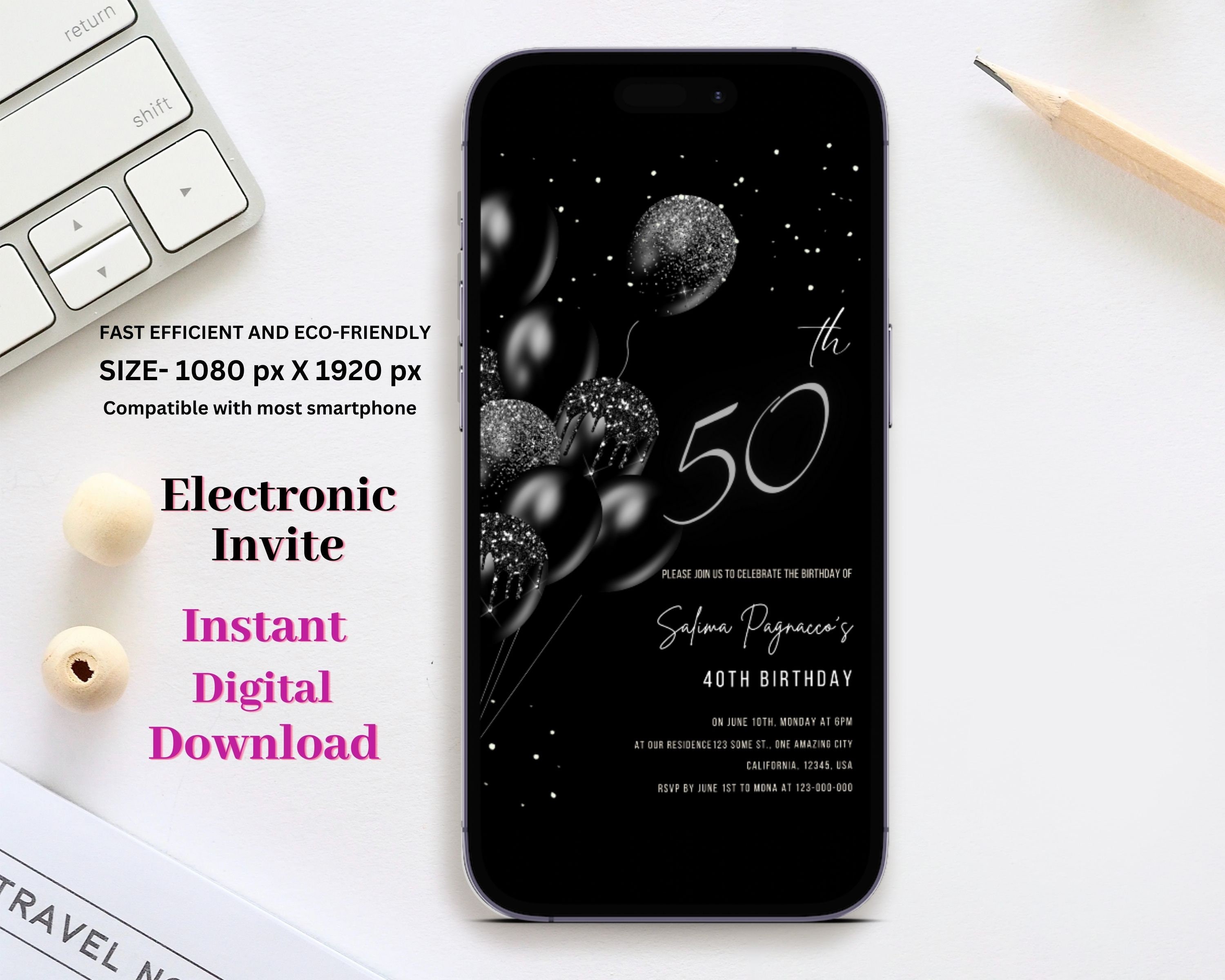 Electronic 50th Birthday Invitation for Men, Digital Black 50th ...