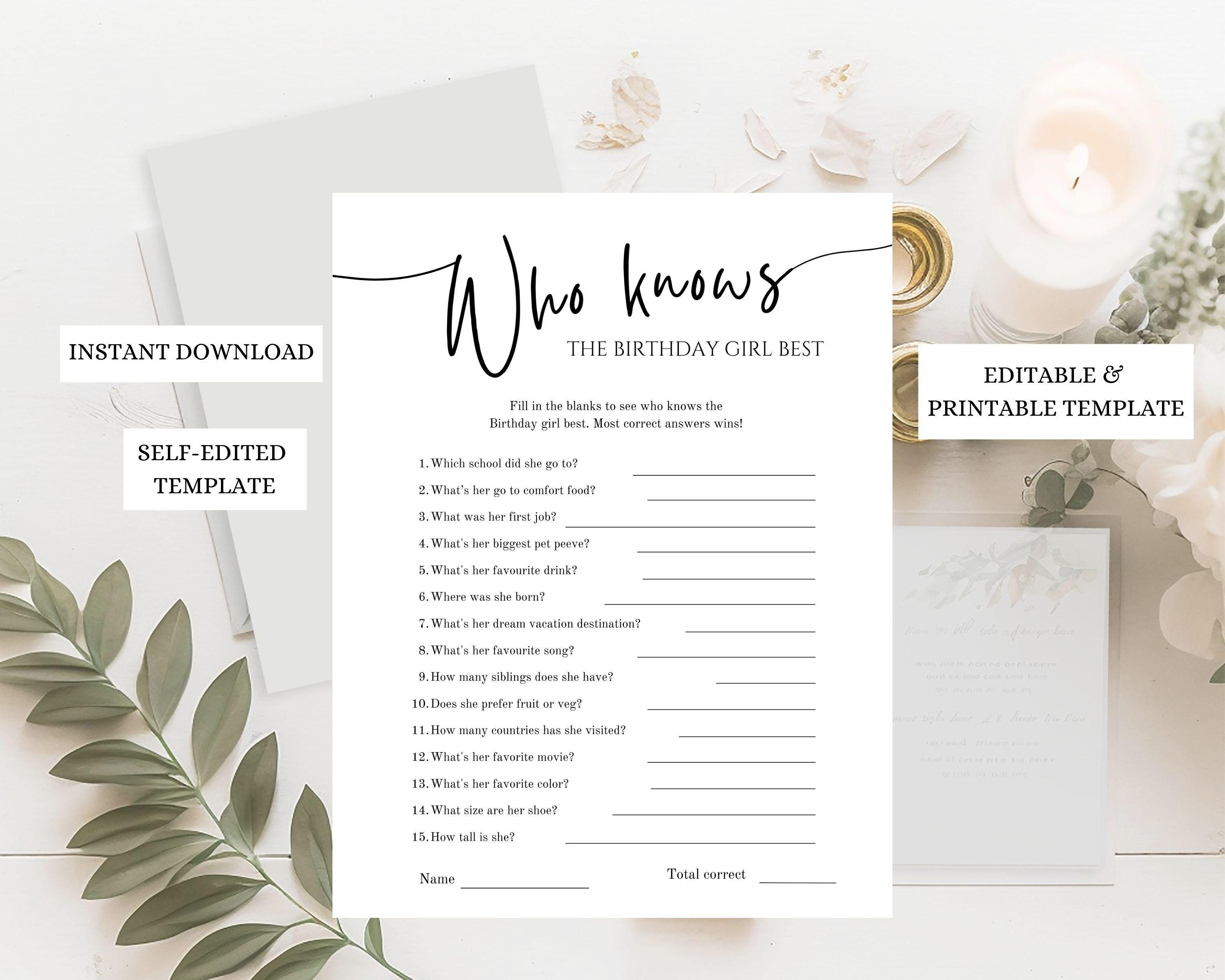Who Knows the Birthday Girl Best Game Template | Editable Printable ...