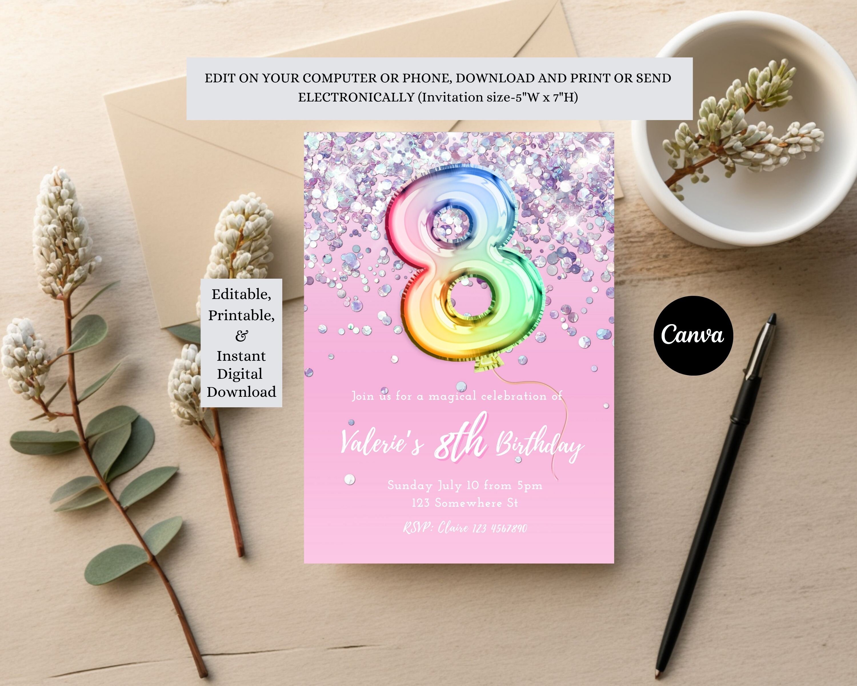 Editable Pink 8th Birthday Invitation Template Printable - Etsy