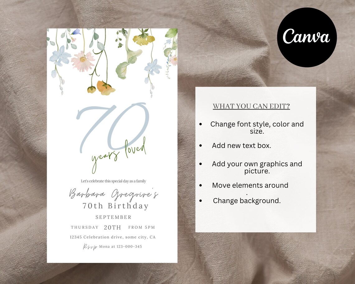 Electronic 70th Birthday Invitation for Women Digital, Floral & Greens ...