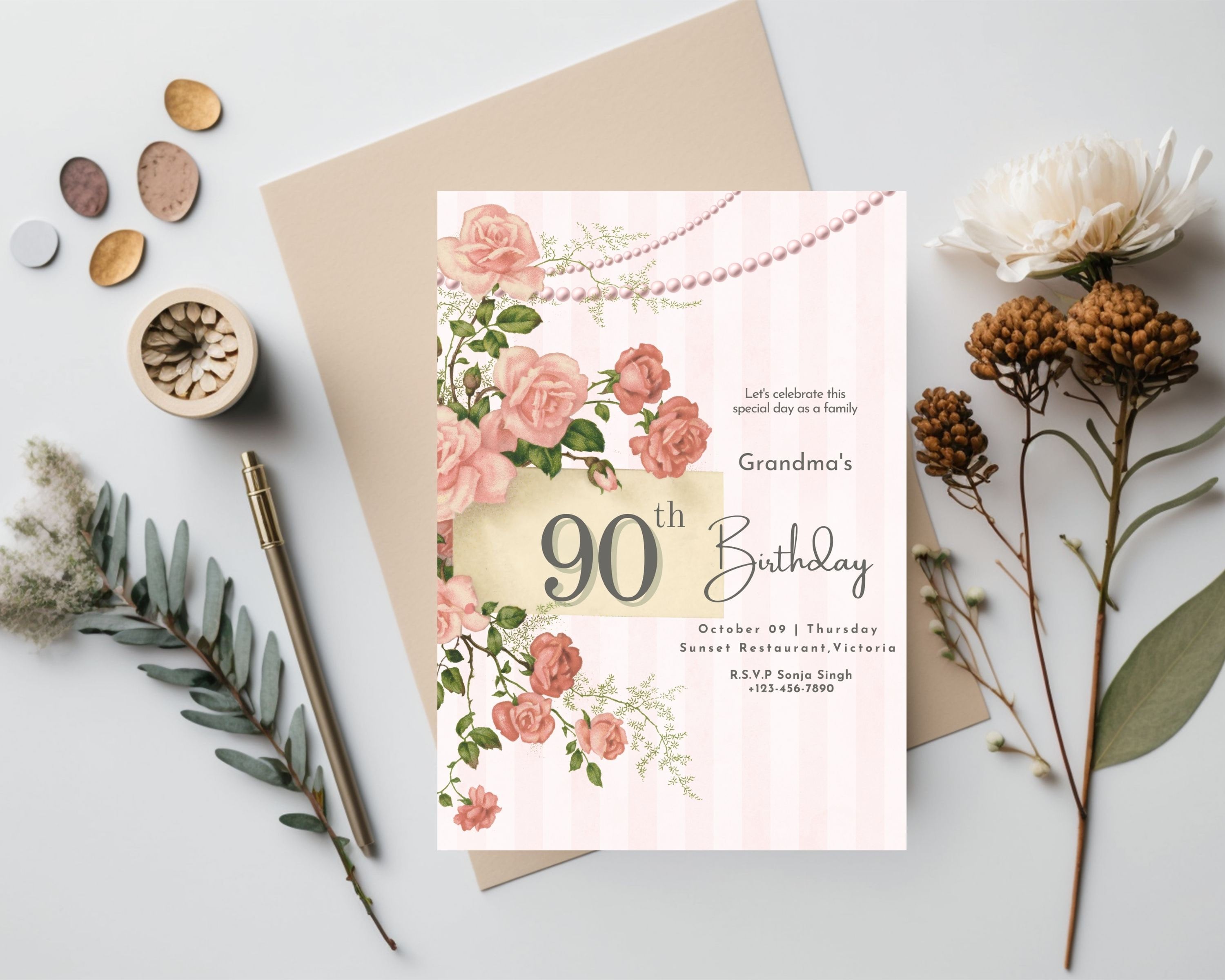 90th Birthday Invitation, Pink Roses & Pearls Birthday Invitation ...