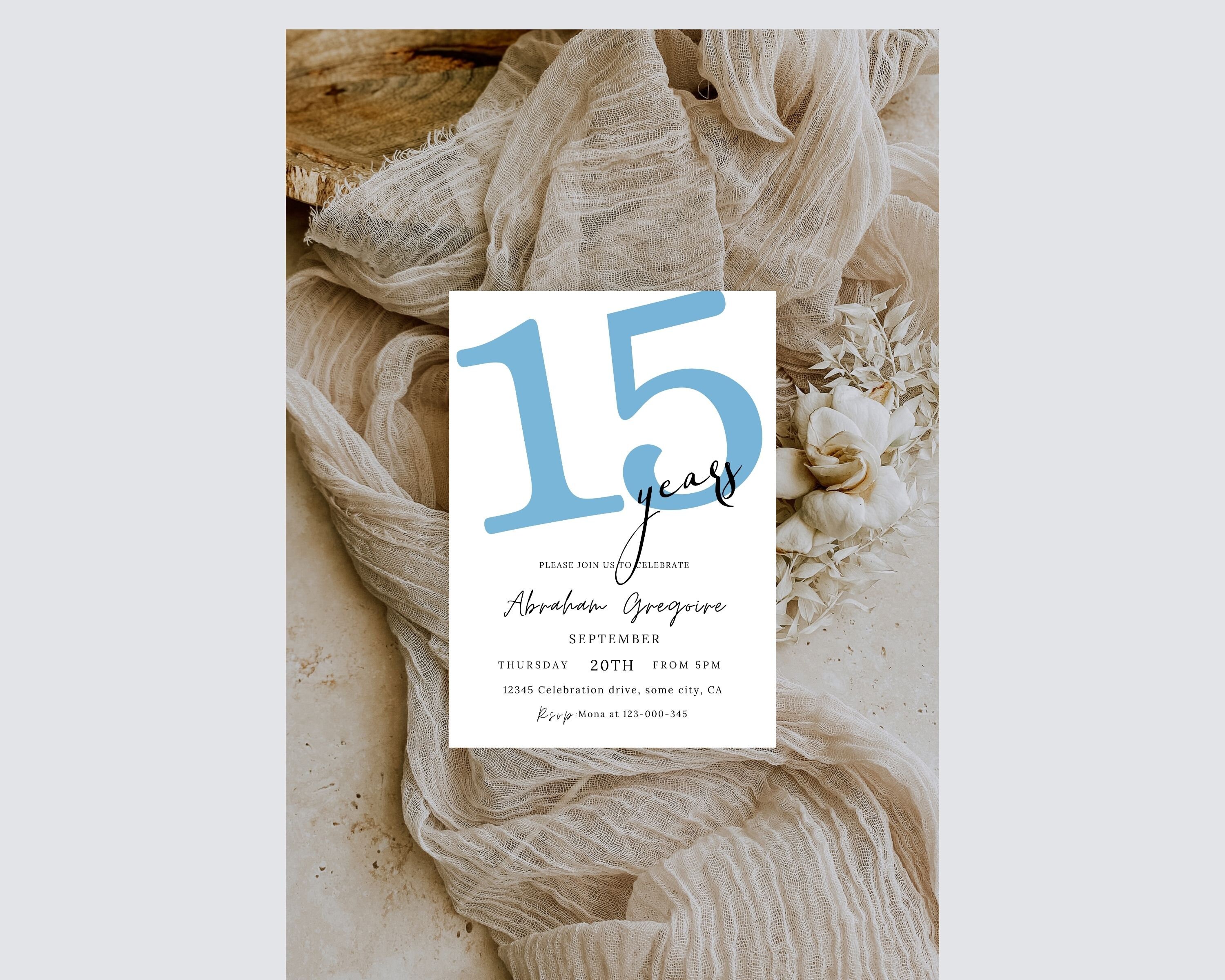 15th Birthday Party Invitation Boys, Printable 15th Birthday Invite for ...