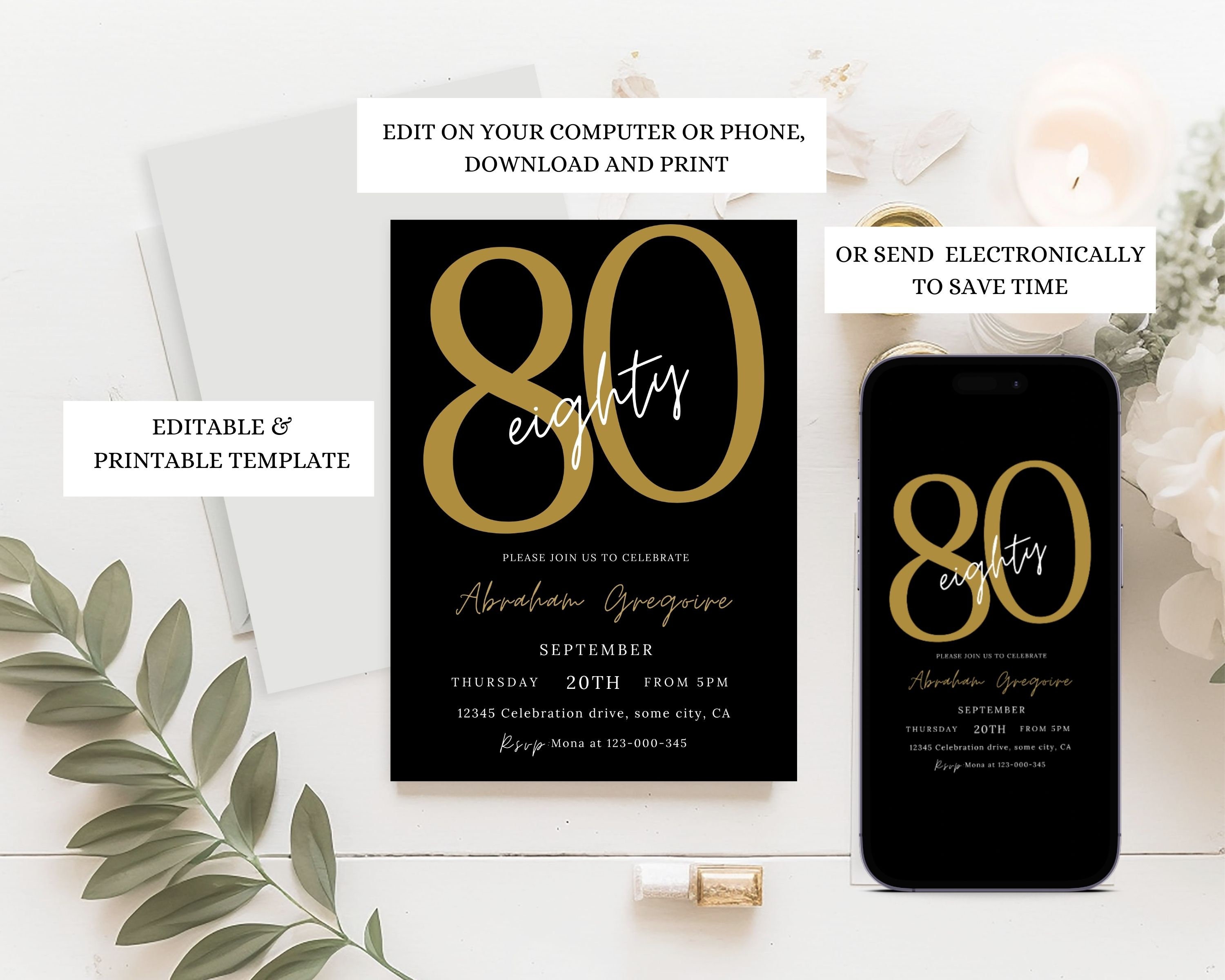 80th Birthday Invitation, Black & Gold Birthday Invitation for Men ...