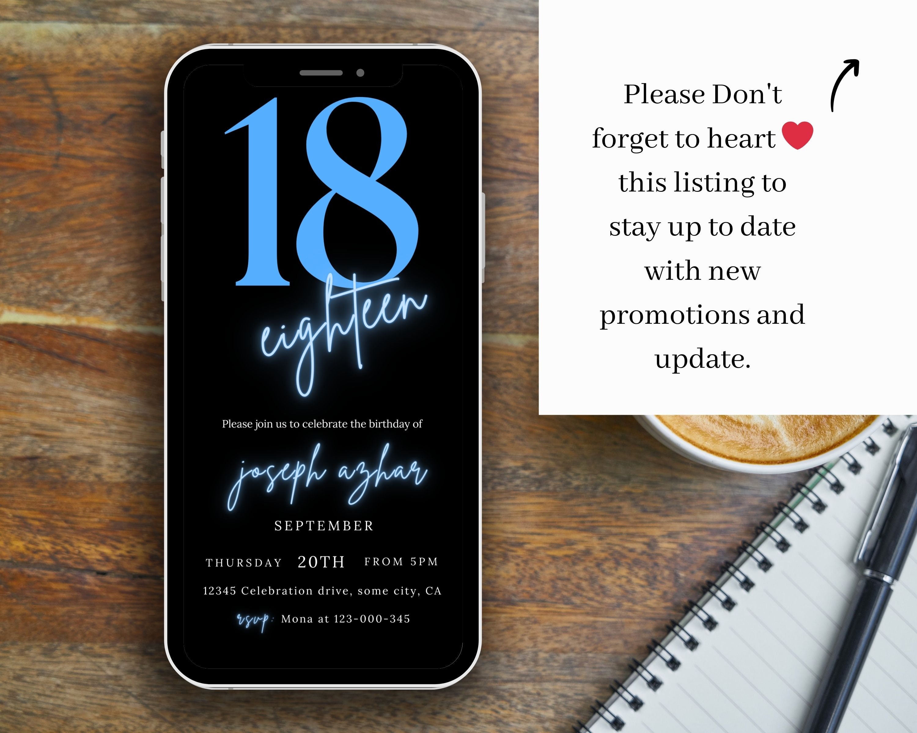 18th Birthday Invitation Boy Digital, Blue 18th Birthday Invite for Him ...