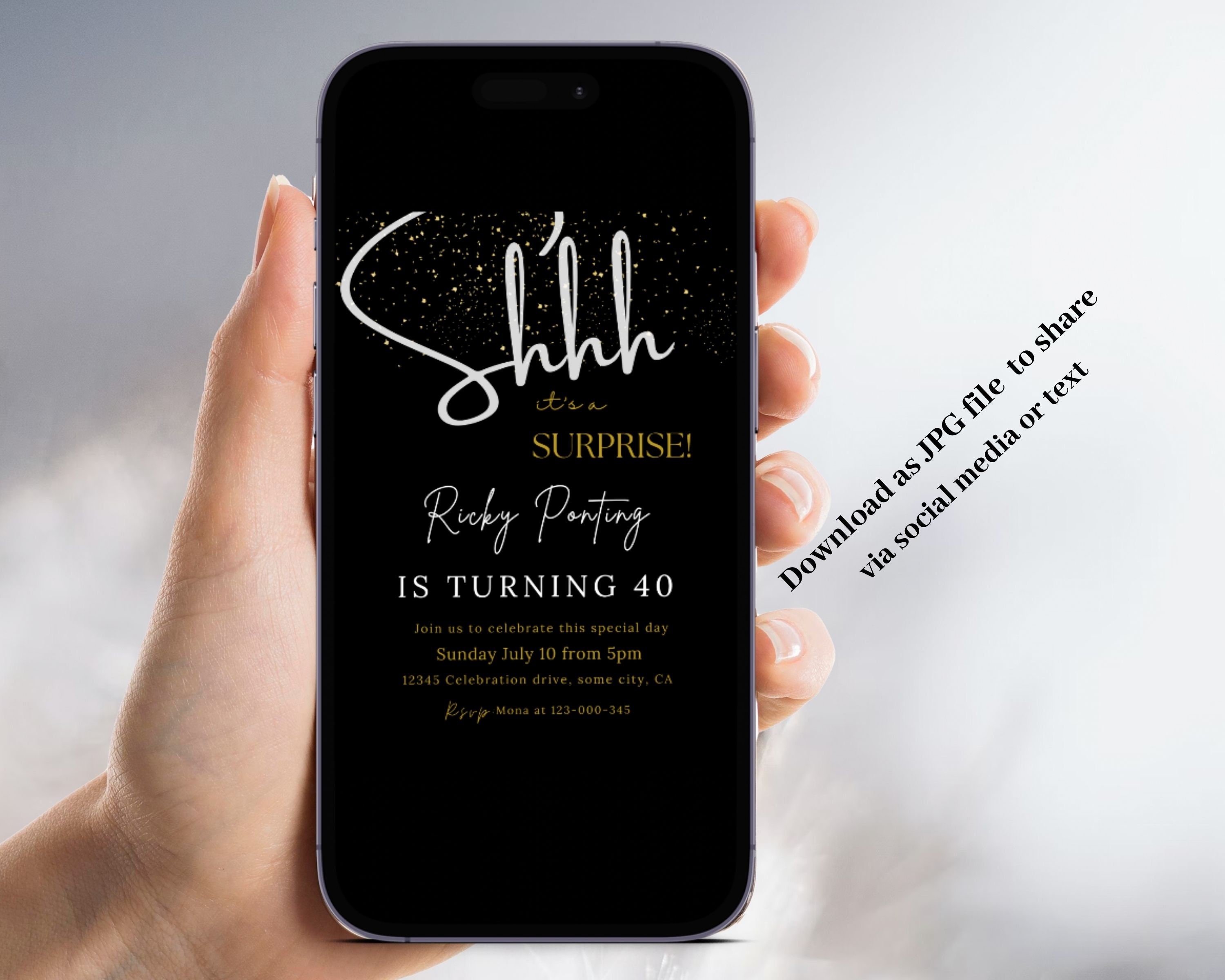 Surprise Birthday Party Invitation Template, Black and Gold, Shh It's a ...