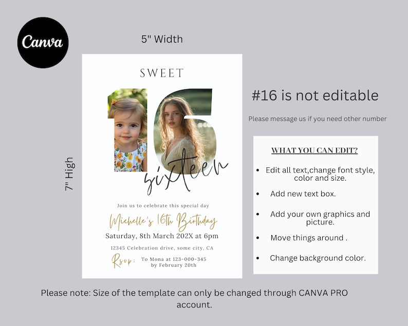 Sweet Sixteen Photo Invitation, Editable Girls Birthday Template ...
