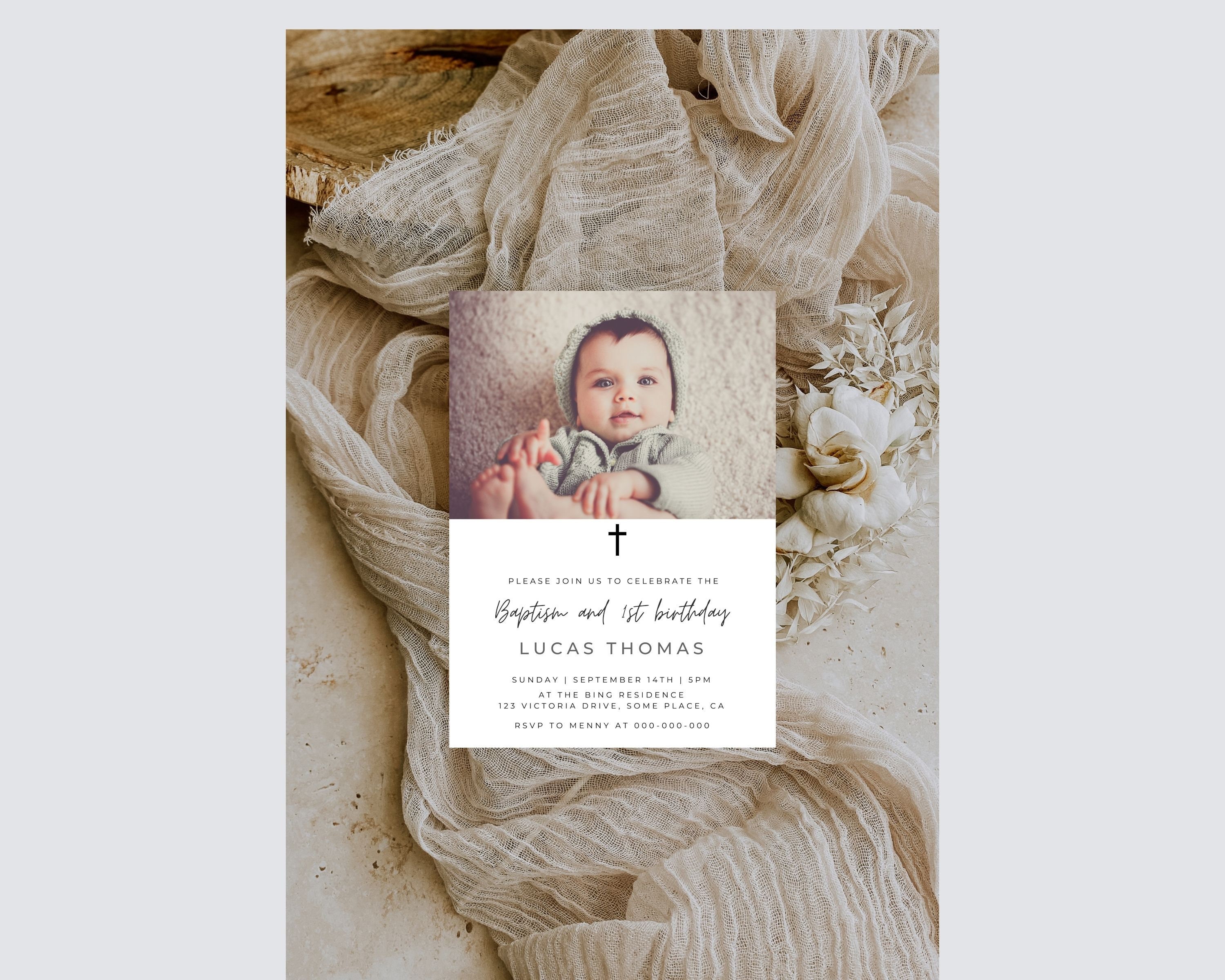 Baptism and 1st Birthday Invitation Template, Printable Photo Invite ...