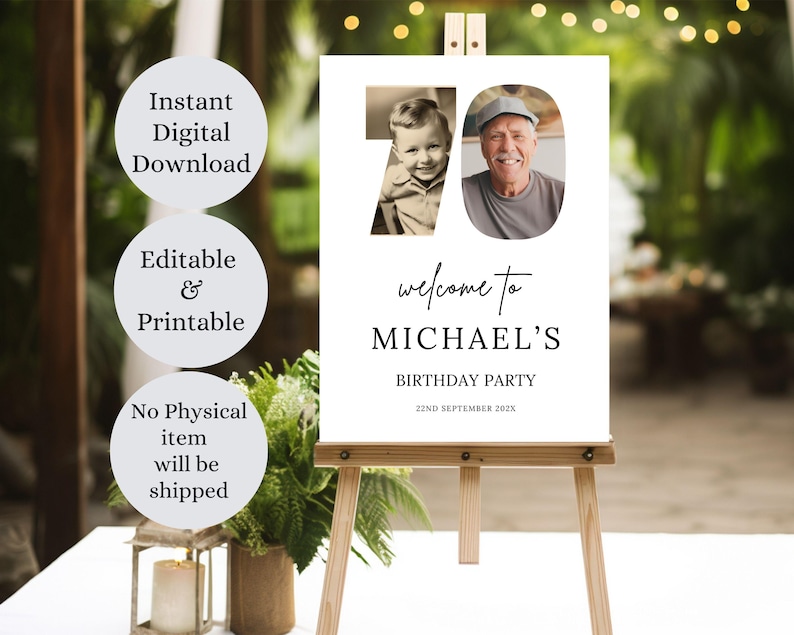 70th Birthday Sign, Photo Welcome Sign for Men or Women, Digital ...