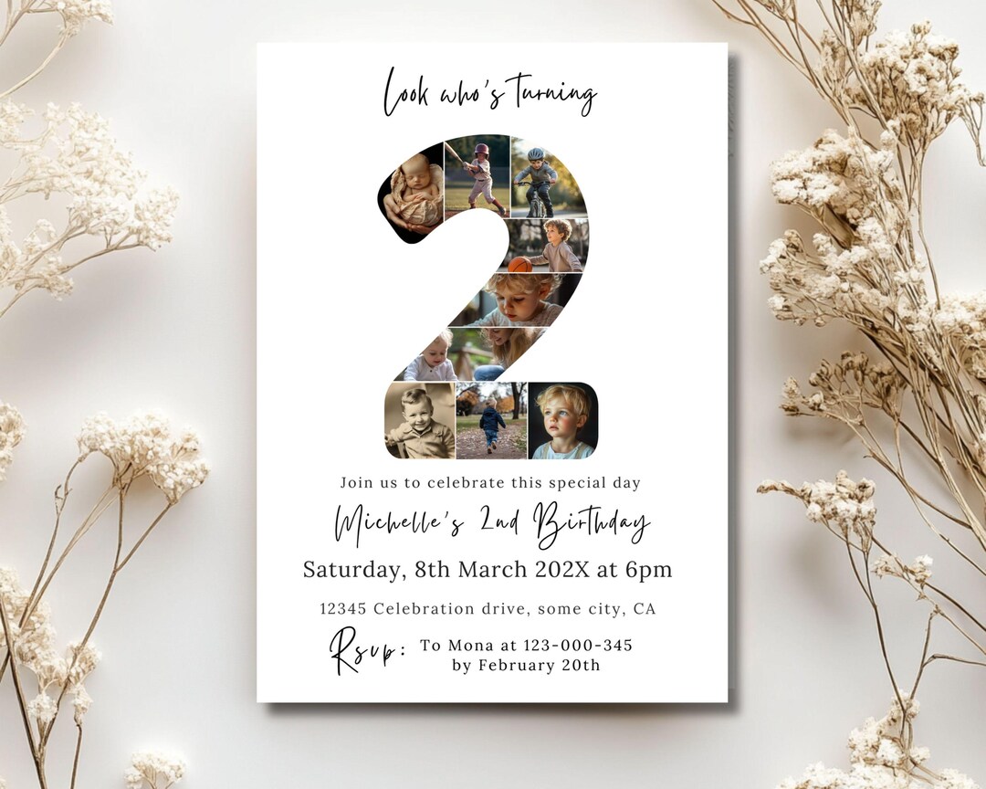 2nd Birthday Photo Collage Invitation, Editable Party Invites (digital ...