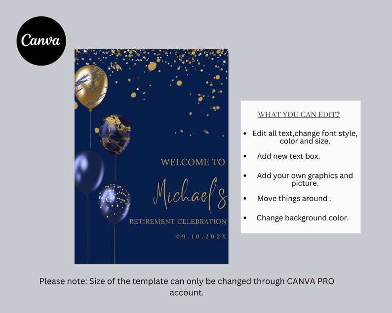 Retirement Welcome Sign Template, Digital Download,navy Blue & Gold ...