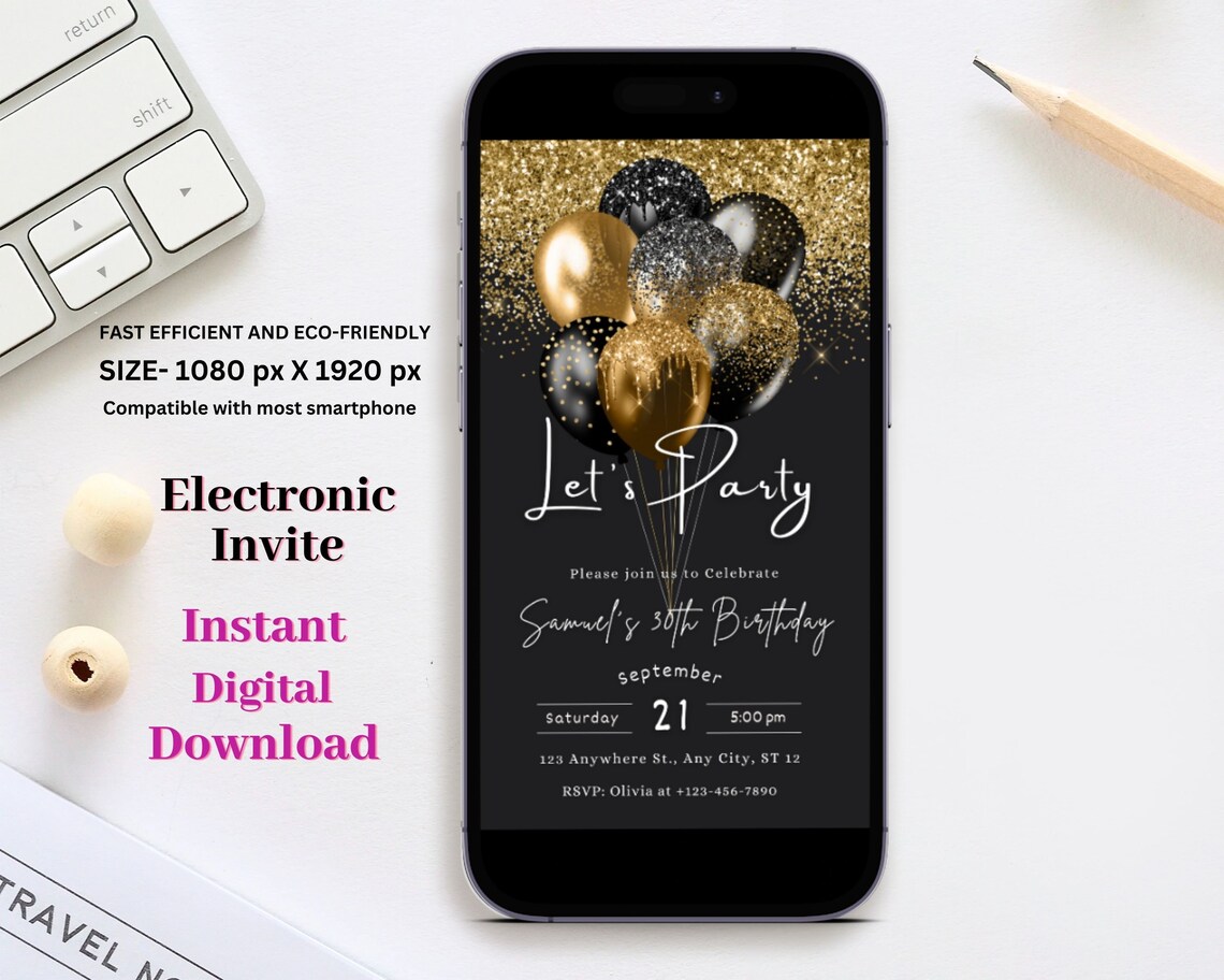 Digital Birthday Party Invitation for Men, Black & Gold, Adult Birthday ...