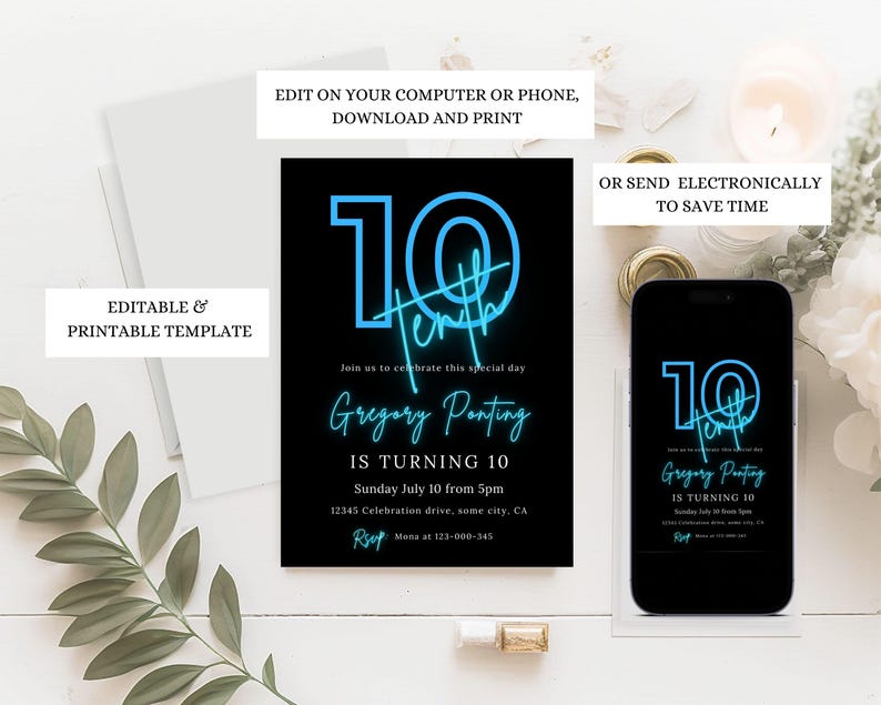 Blue Neon 10th Birthday Invitation, Teen Party Template (canva) - 58 - Etsy