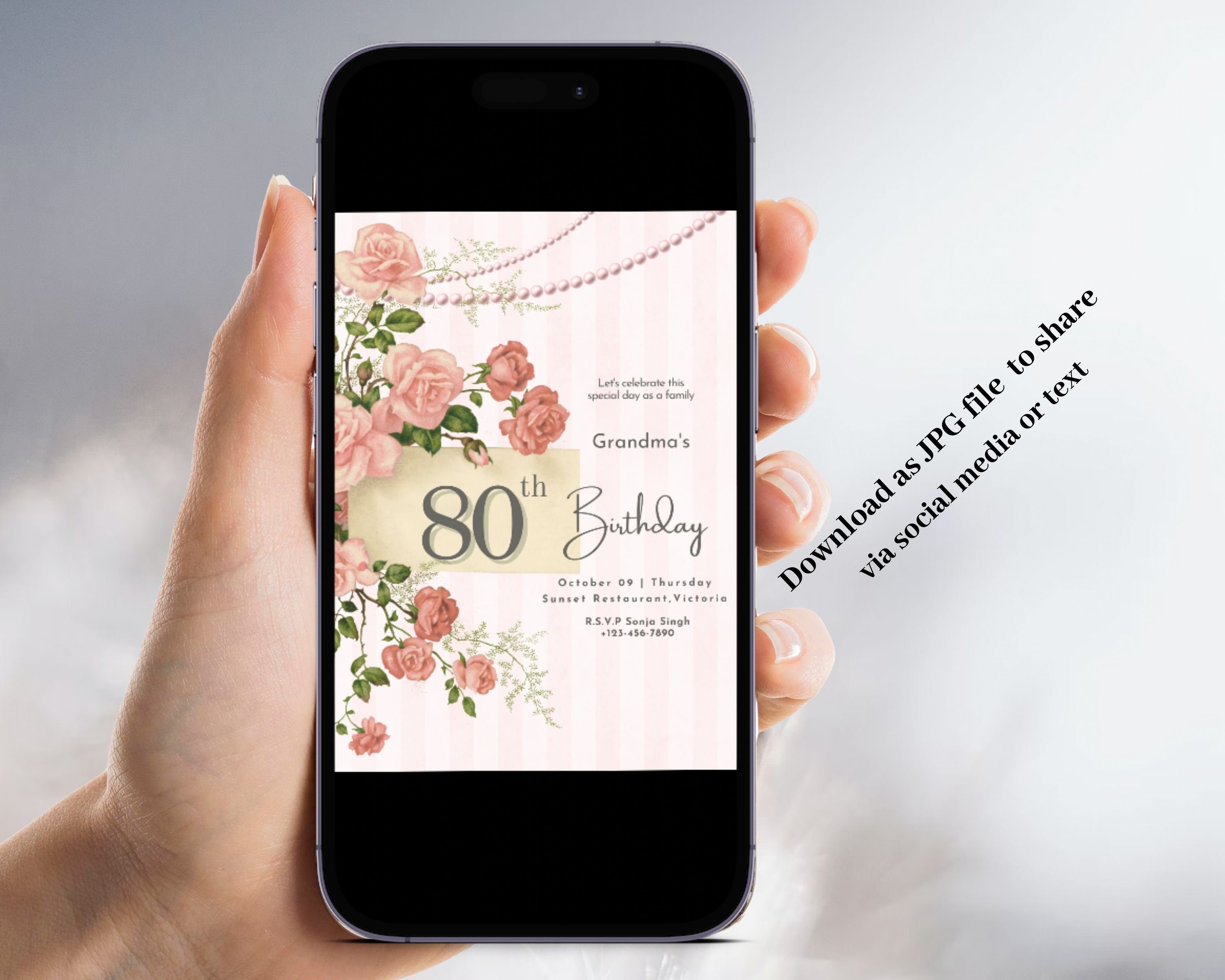 80th Birthday Invitation, Digital Birthday Party Invite for Women ...